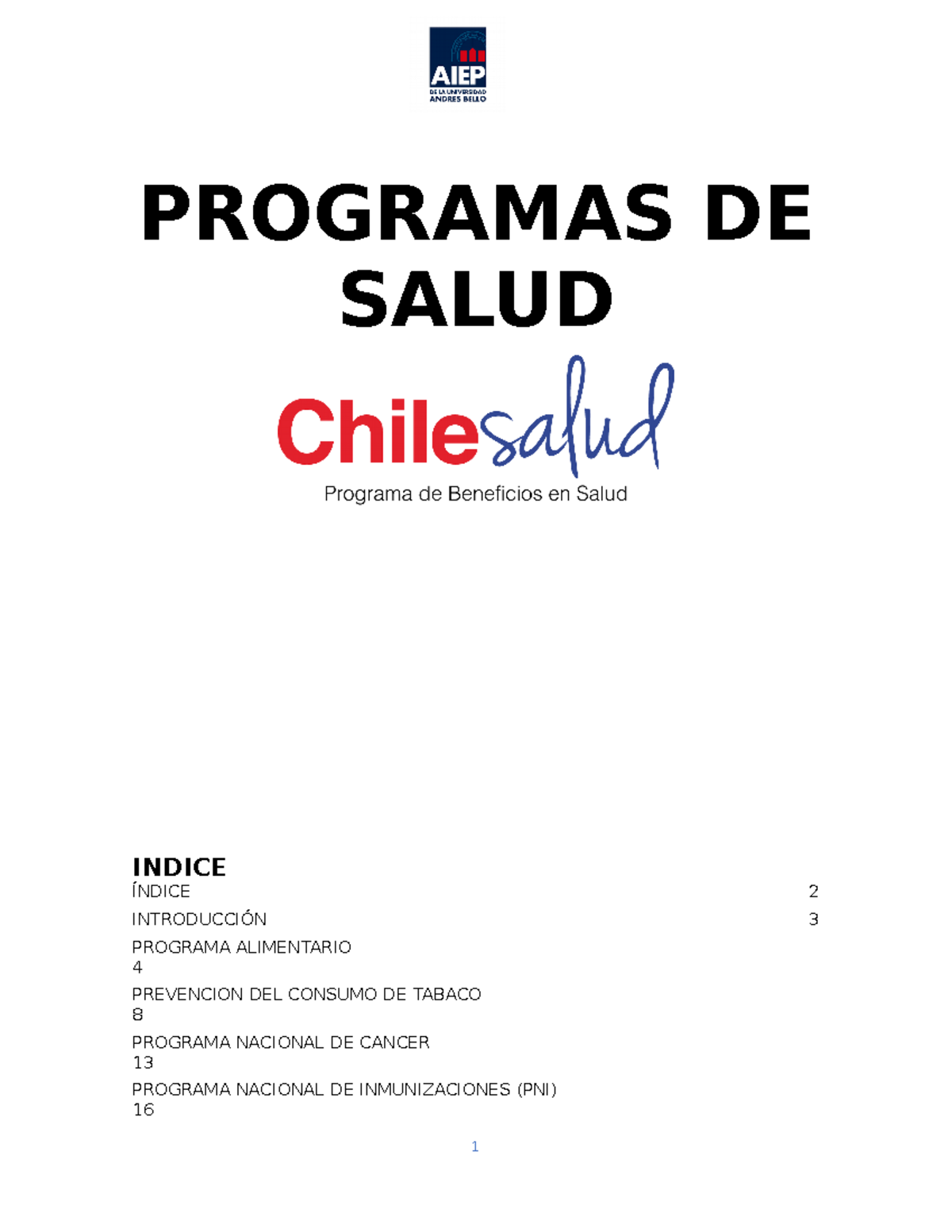 iNFORME DE LOS PROGRAMAS DE SALUD DE CHILE - PROGRAMAS DE SALUD INDICE ...