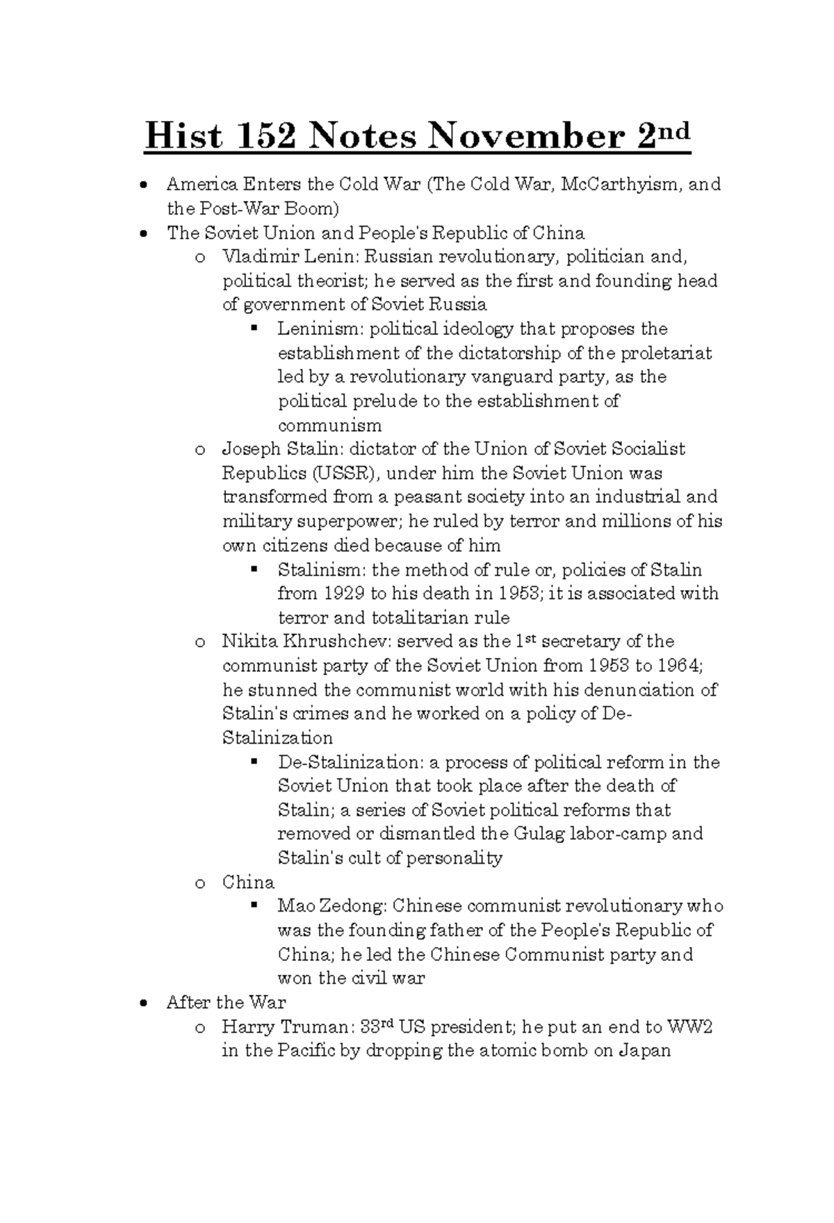 Hist 152 Notes November 2nd - Edgar Hoover: the 1st director of the FBI ...