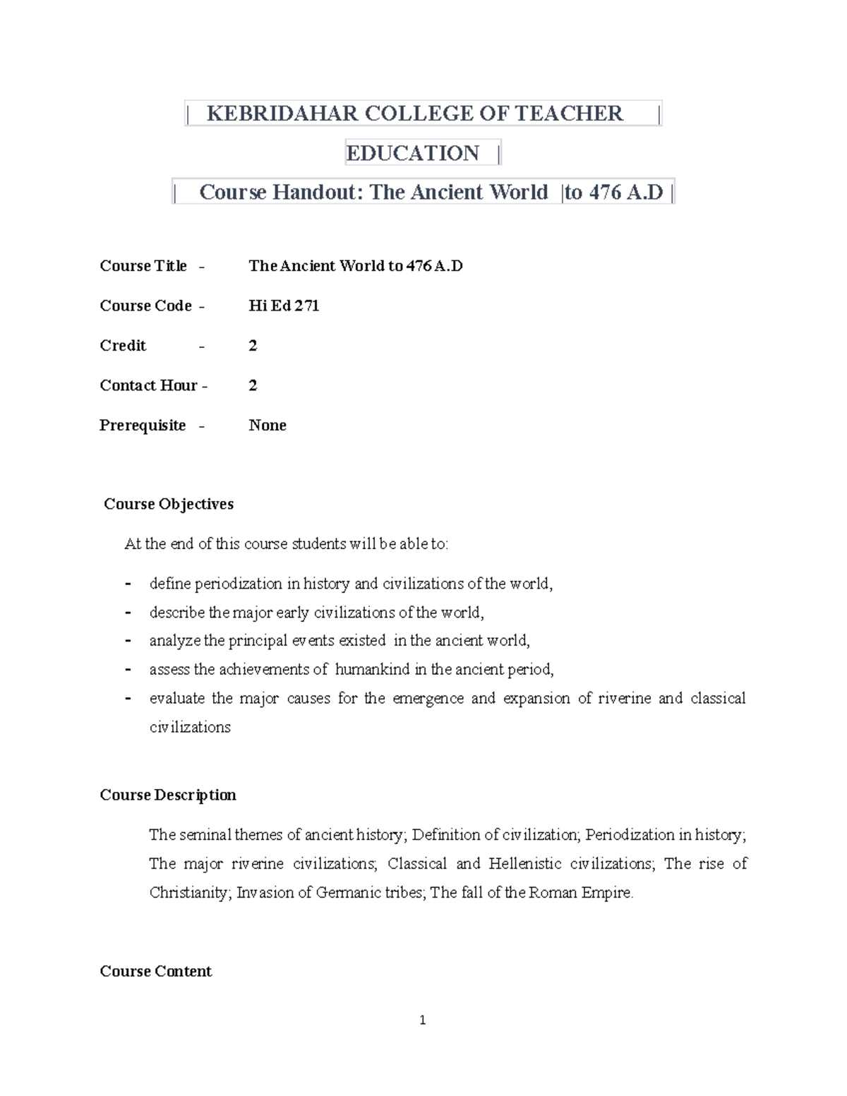 Social Course The Ancient World to 476 A - | KEBRIDAHAR COLLEGE OF ...