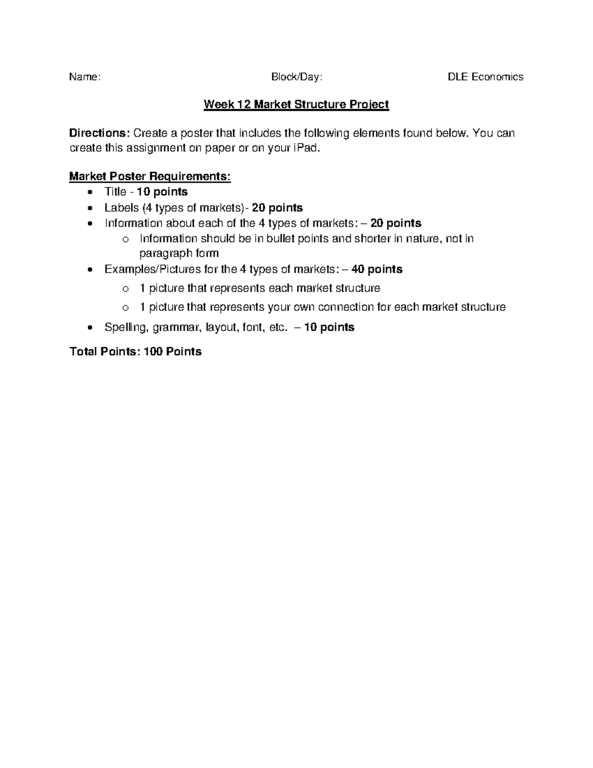 Week 12 Market Structure Poster Project - Name: Block/Day: DLE ...
