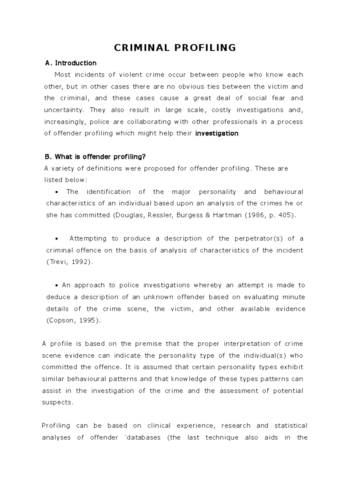 SP310 Lecture 6 class notes - CRIMINAL PROFILING A. Introduction Most ...