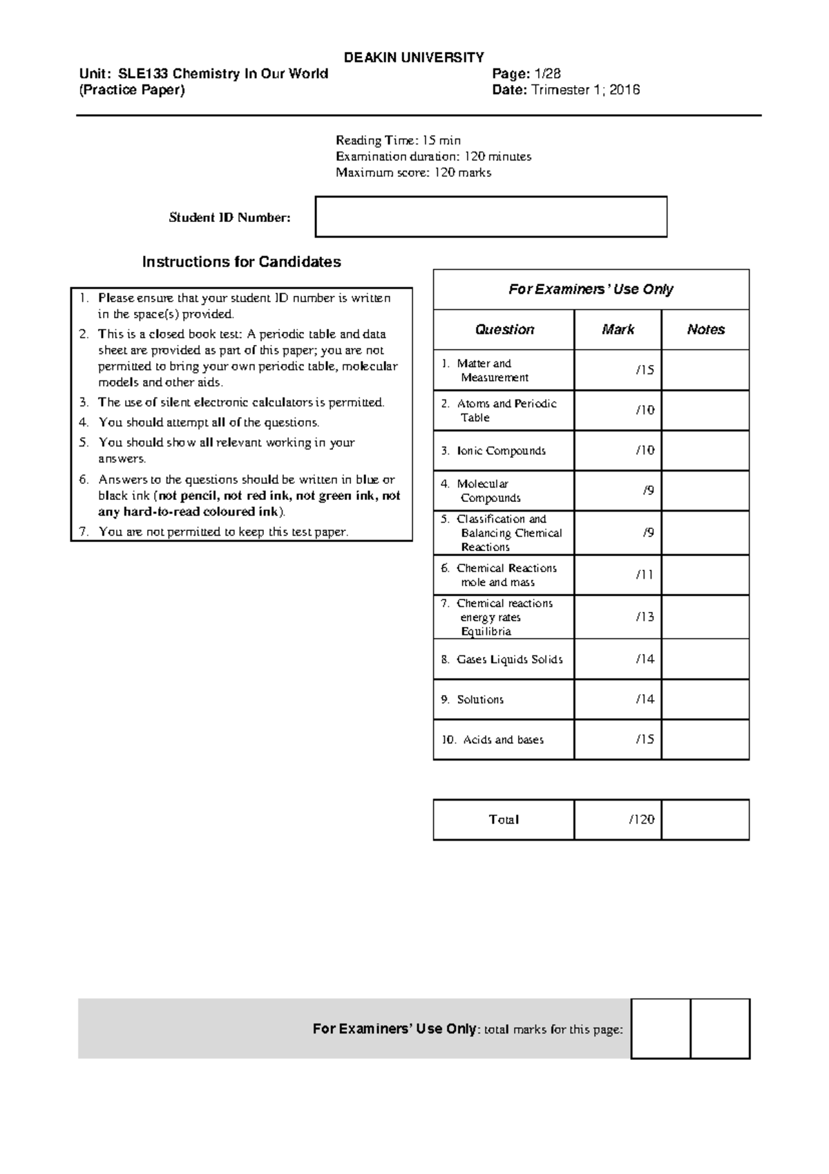 SLE133 Exam 2016 practice - Unit: SLE133 Chemistry In Our World Page: 1 ...