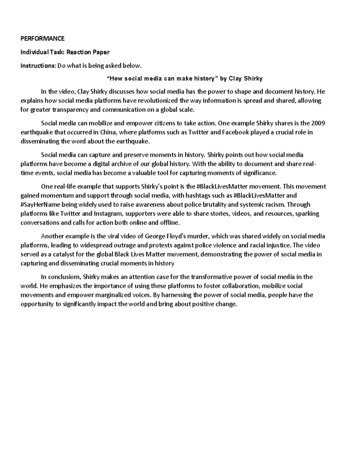 Lesson 4Performance - PERFORMANCE Individual Task: Reaction Paper ...