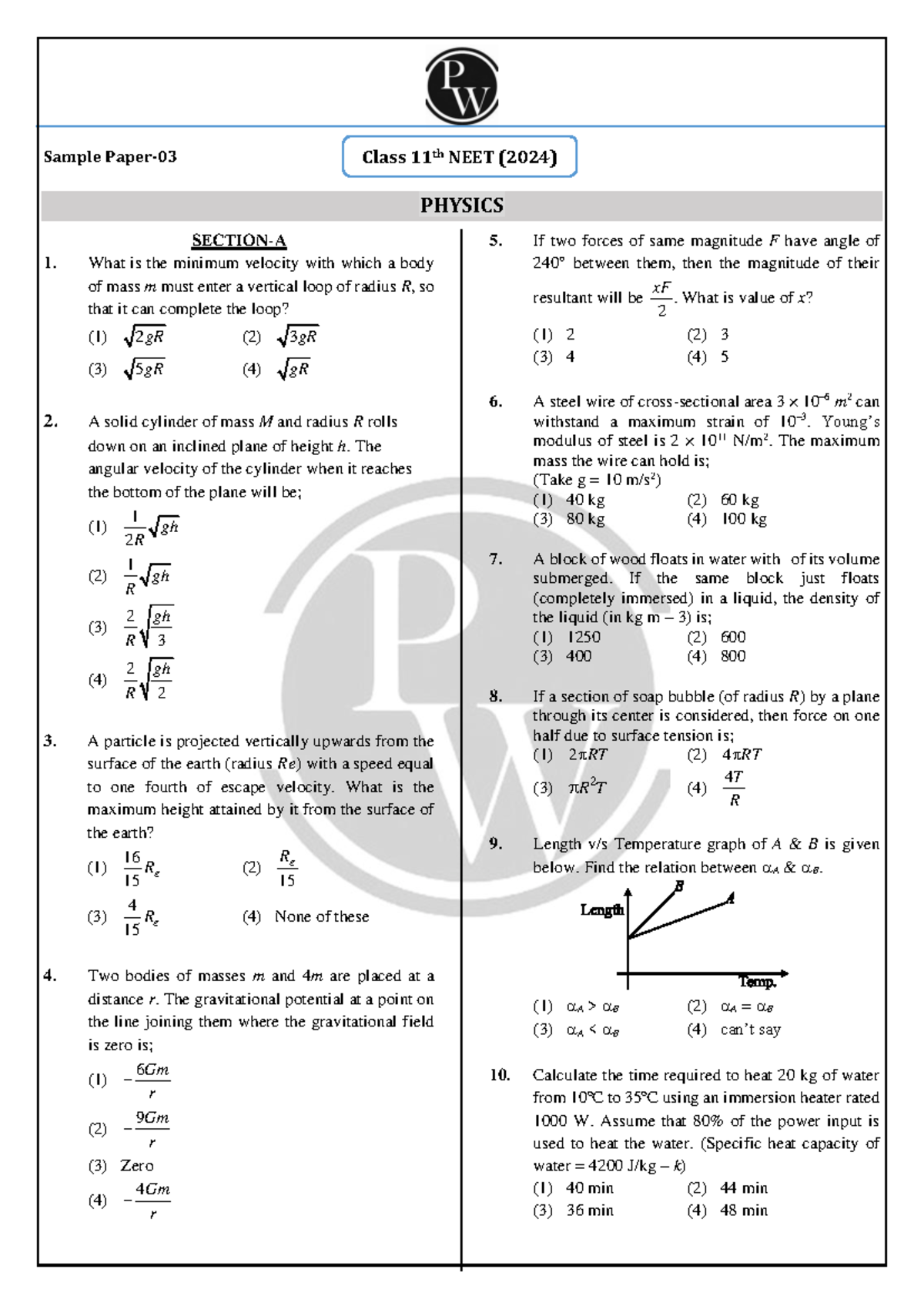 Phy-11 - Sample Paper- 03 PHYSICS SECTION-A What is the minimum ...