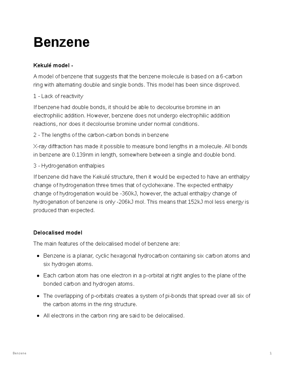 Benzene A-Level Chemistry OCR A - Benzene 1 Benzene Kekulé model - A ...