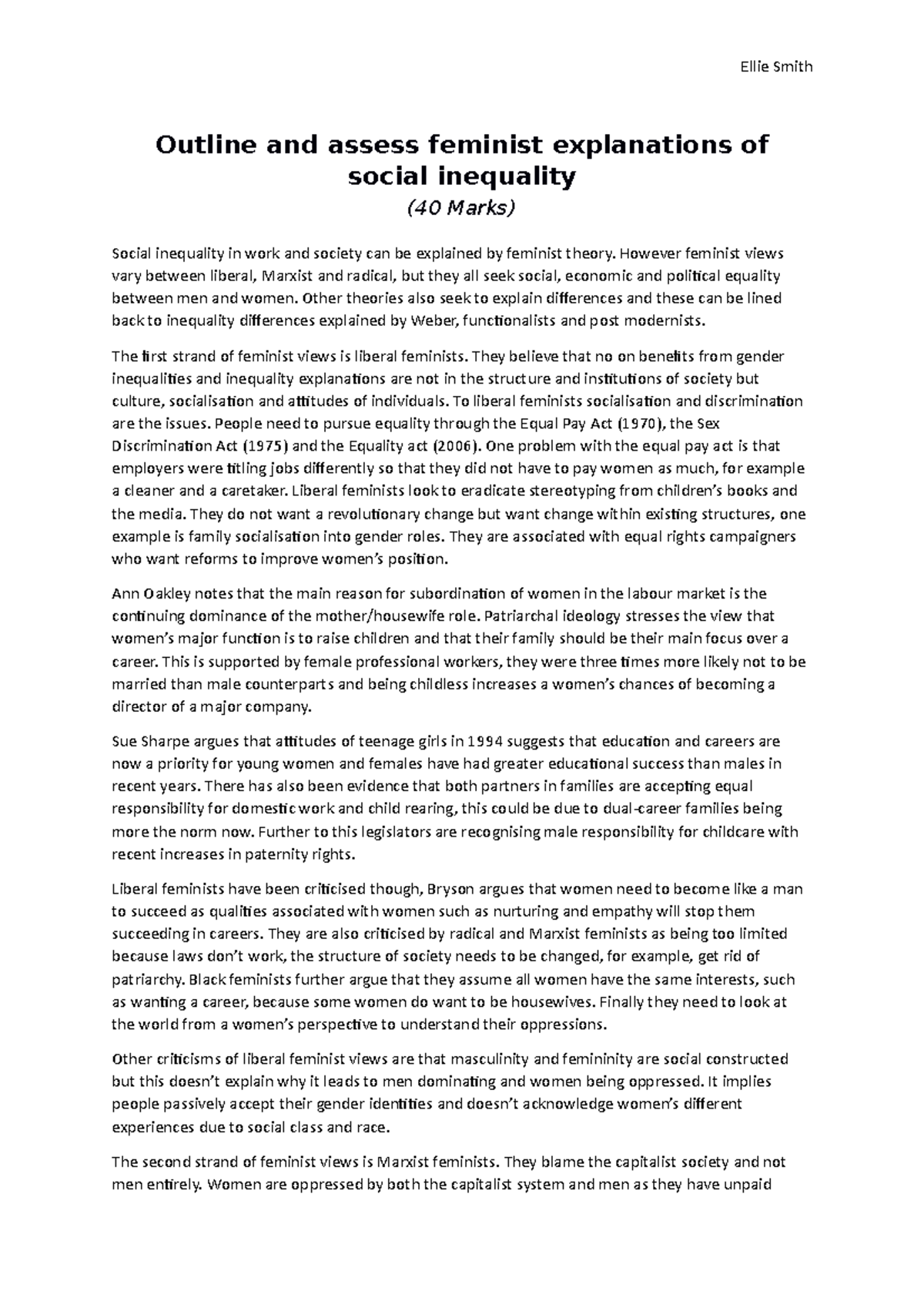 Outline and assess feminist explanations of social inequality - Ellie ...