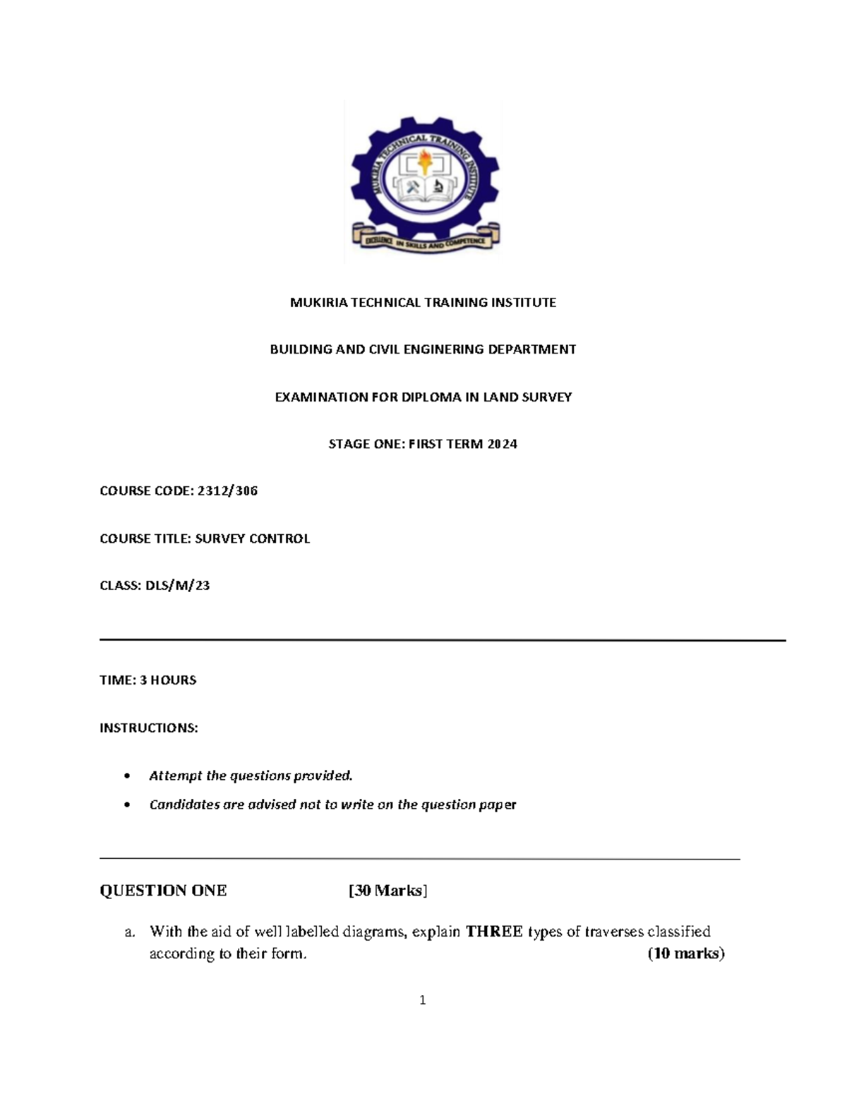 DLS M 23 Survey Control - MUKIRIA TECHNICAL TRAINING INSTITUTE BUILDING ...