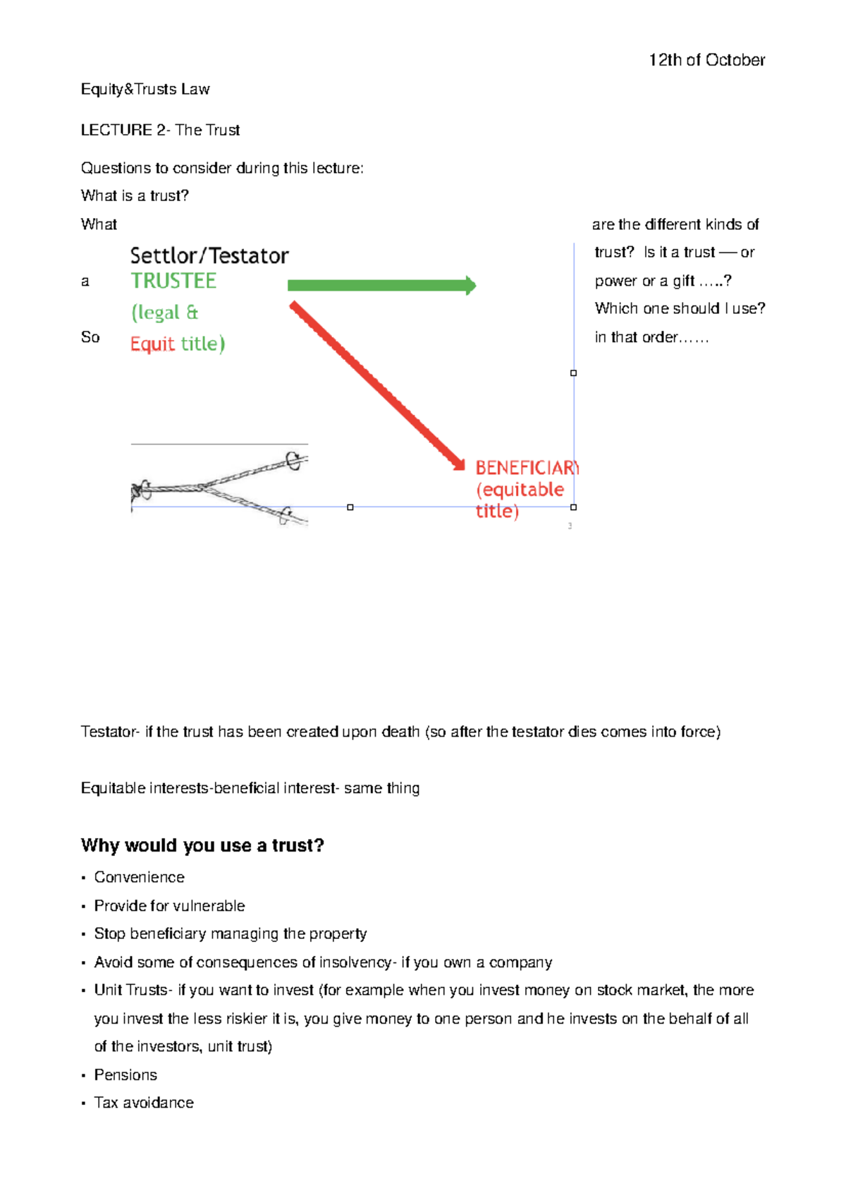 Equity&Trusts Lecture 2 - Equity&Trusts Law LECTURE 2- The Trust ...