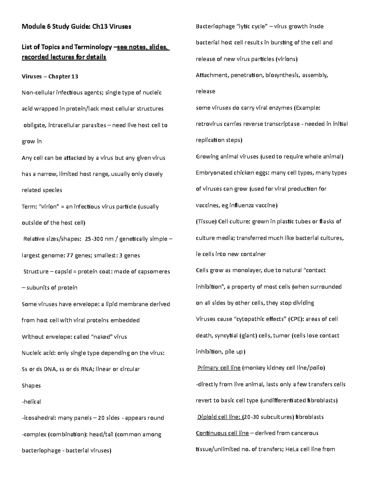 Module 6 Study Guide - Chap. 13 Viruses F'21 - Module 6 Study Guide: Ch13 Viruses List of Topics ...