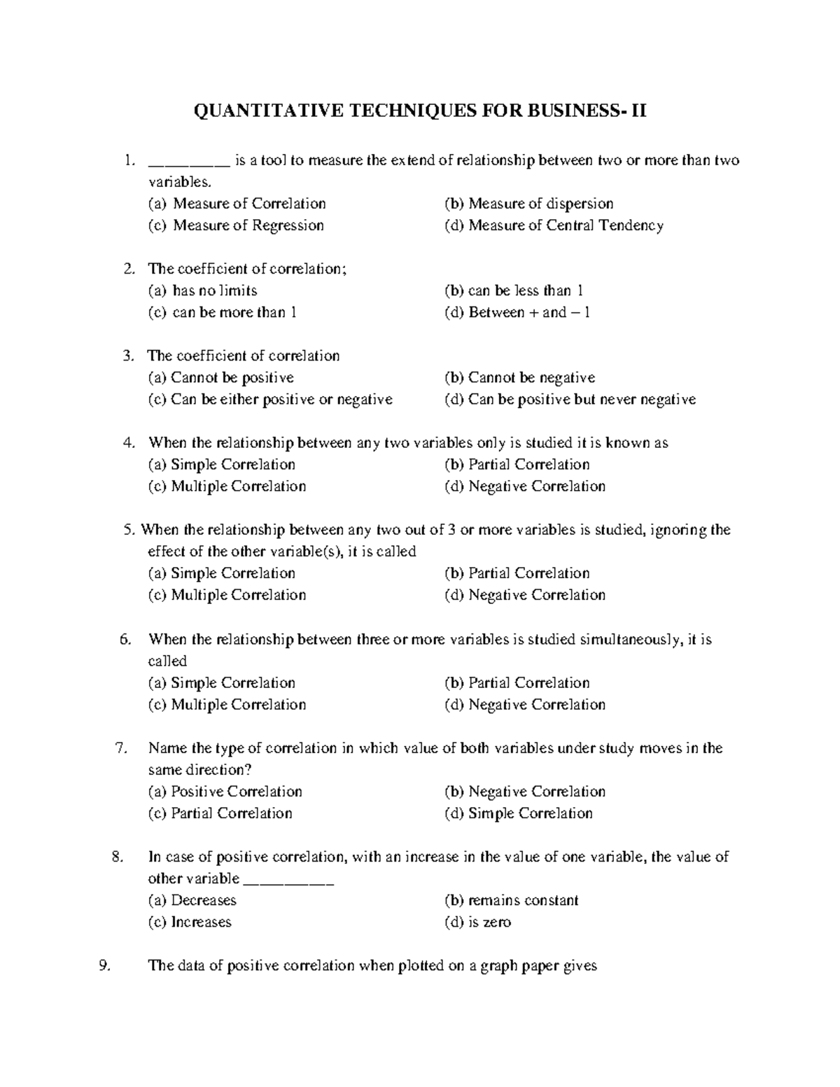 Sem 4 Core Quantitative Techniques for Business II - QUANTITATIVE TECHNIQUES FOR BUSINESS- II ...