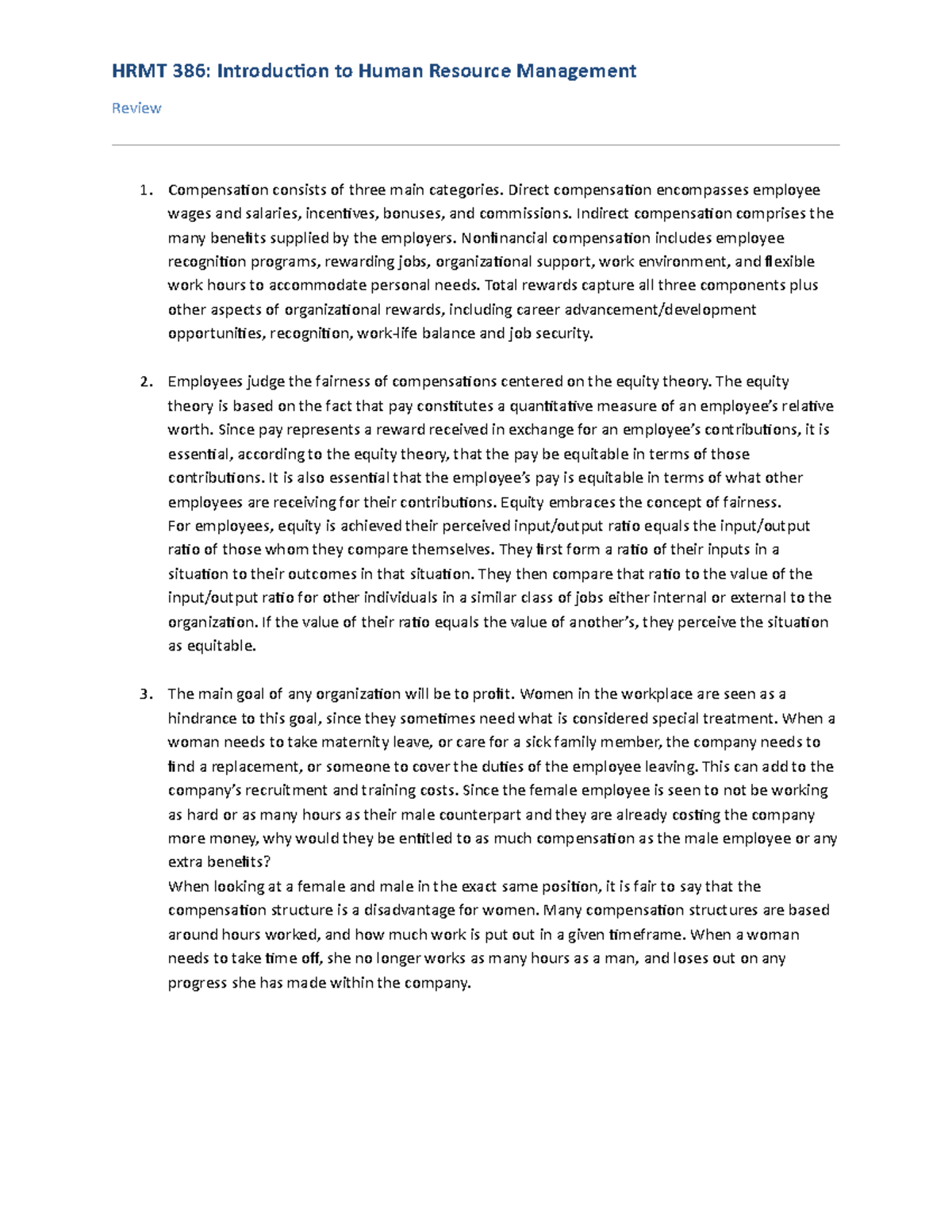 Unit 7: Review Questions - HRMT 386: Introduction to Human Resource ...