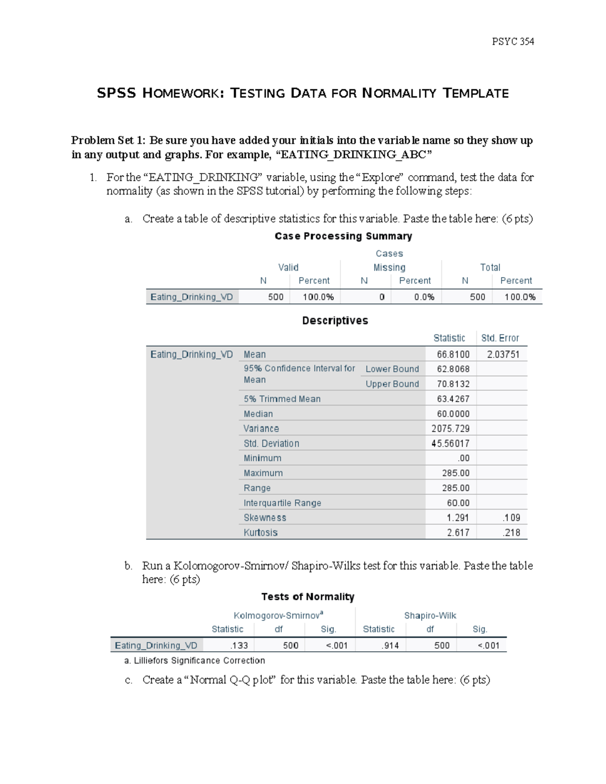 SPSS Homework Testing Data for Normality Template - SPSS HOMEWORK ...