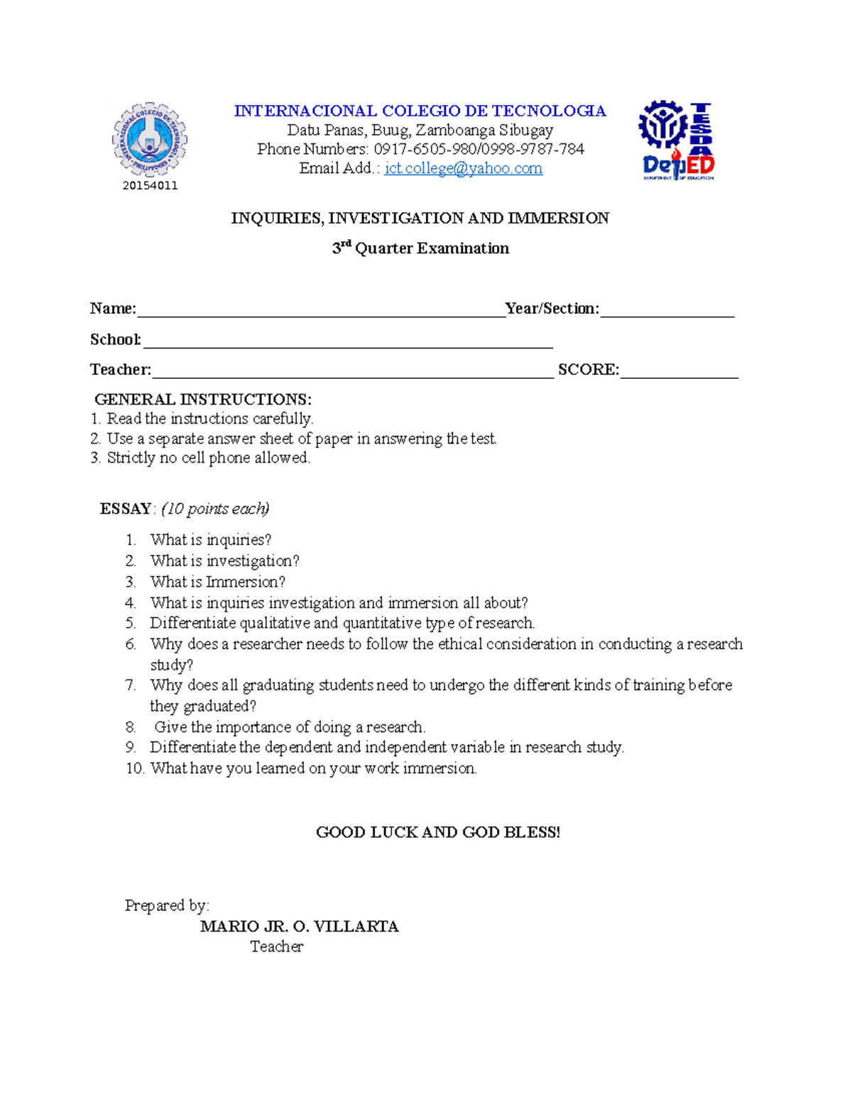 3 I's 3rd quarter exam - This is an example of examinations for senior ...