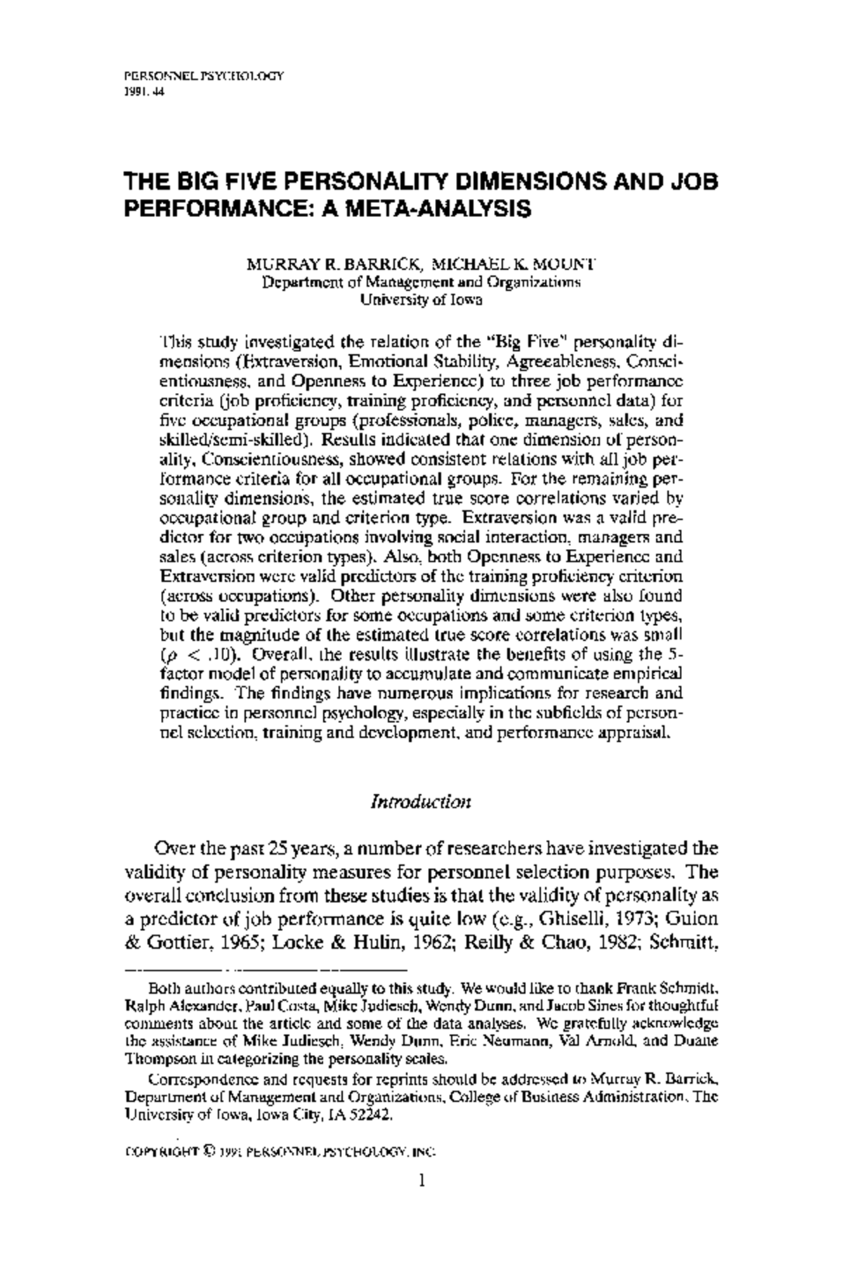 2.4 The Big Five personality dimensions and job performance A meta ...