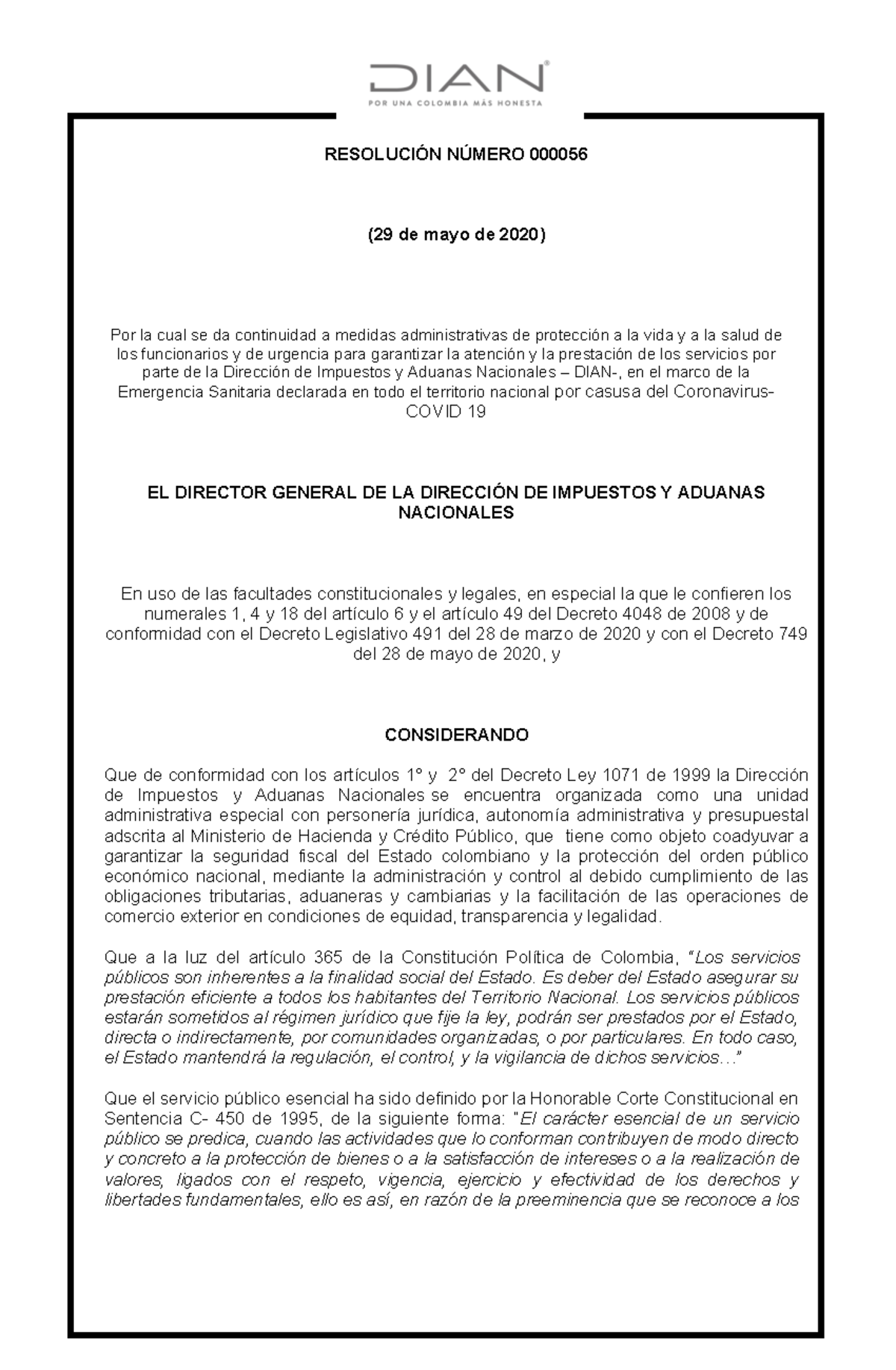 Resolución 000056 de 29-05-2020 protocolo bioseguridad - Warning: TT: undefined function: 32 ...