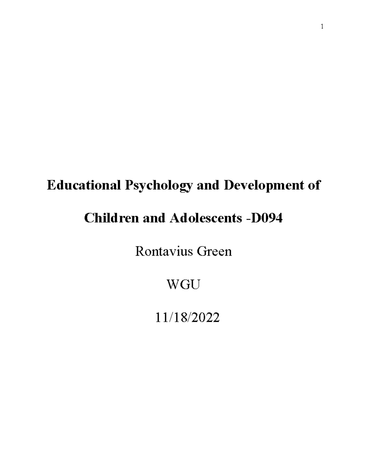D094 - study guide - Educational Psychology and Development of Children and Adolescents -D ...