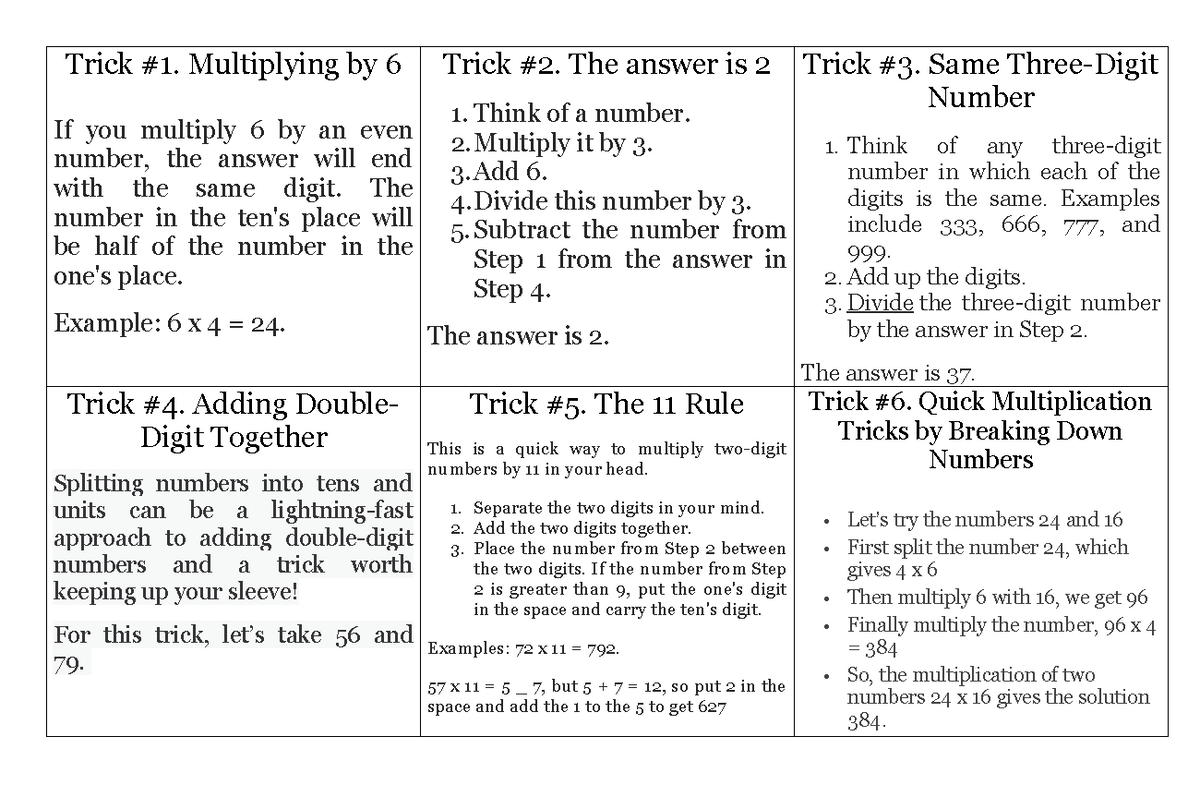Math Tricks Grade 8 - Trick #1. Multiplying by 6 If you multiply 6 by ...
