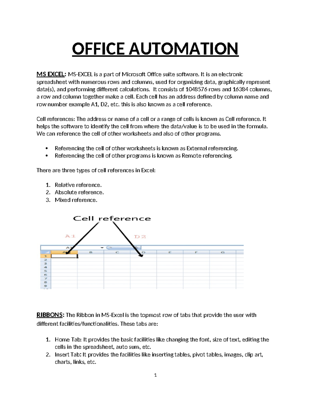 2 office automation - OFFICE AUTOMATION MS EXCEL: MS-EXCEL is a part of ...