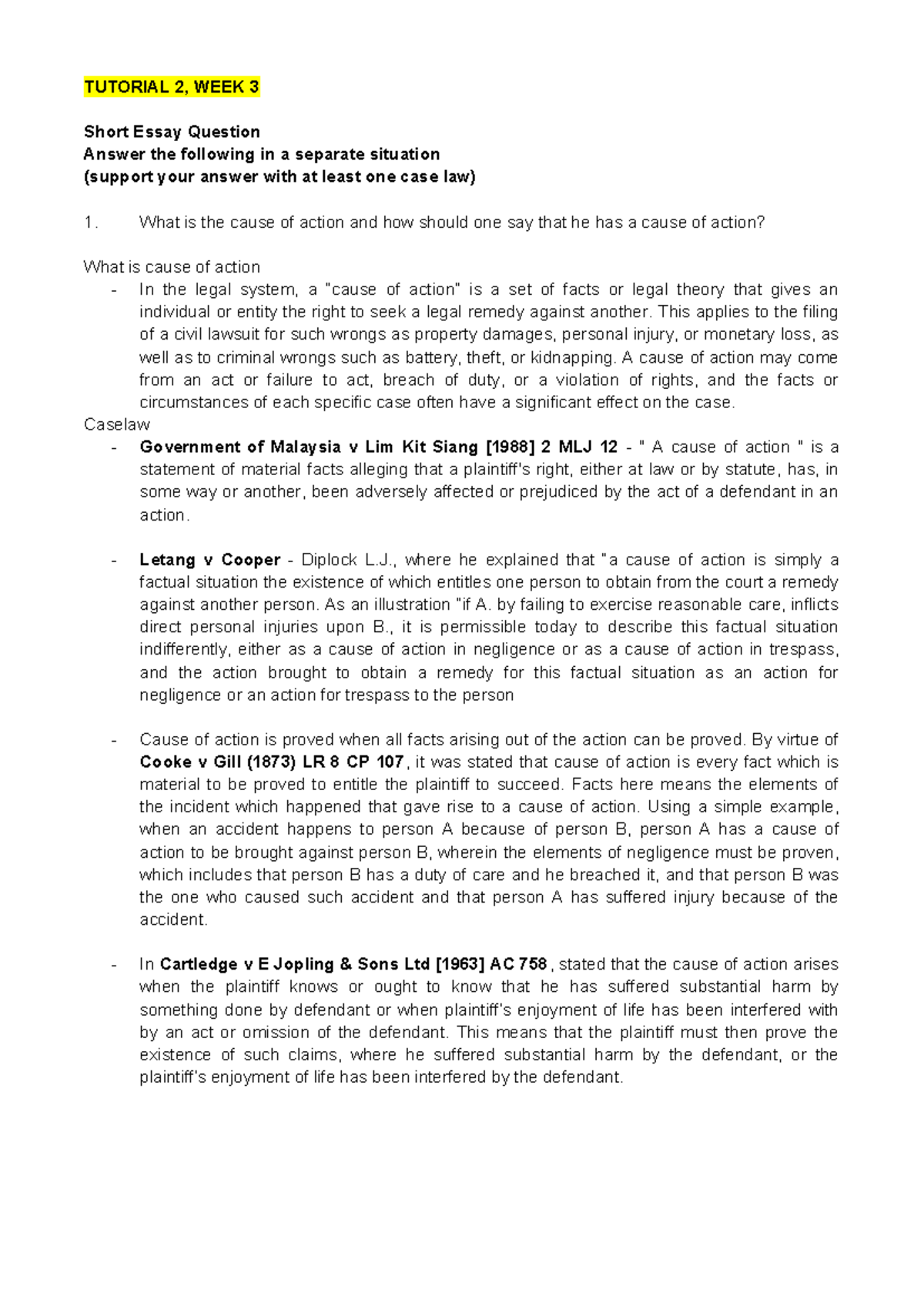 Tutorial 2, WEEK 3 - *** - TUTORIAL 2, WEEK 3 Short Essay Question ...