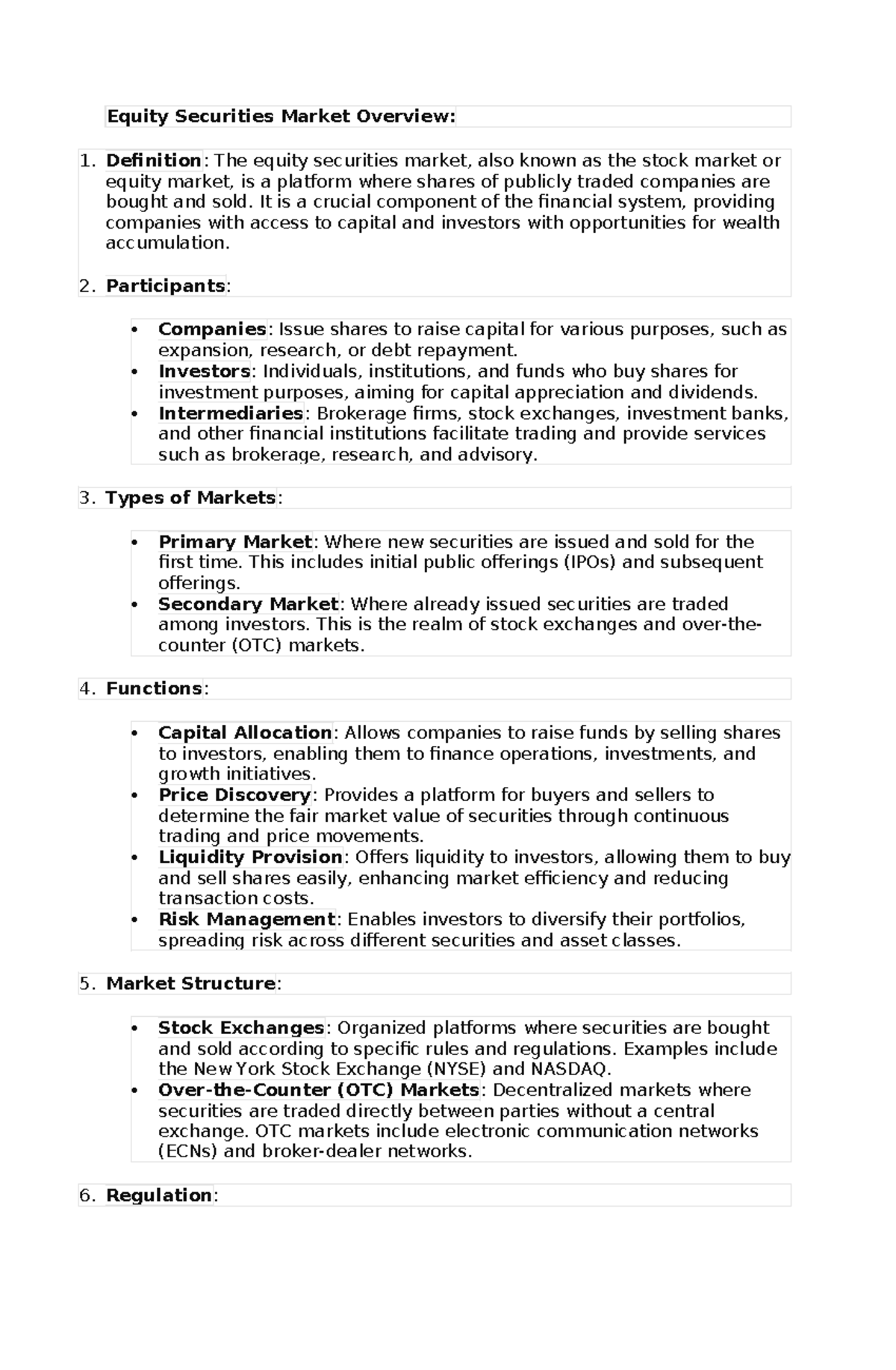 Equity Securities Market Overview notes - Equity Securities Market ...