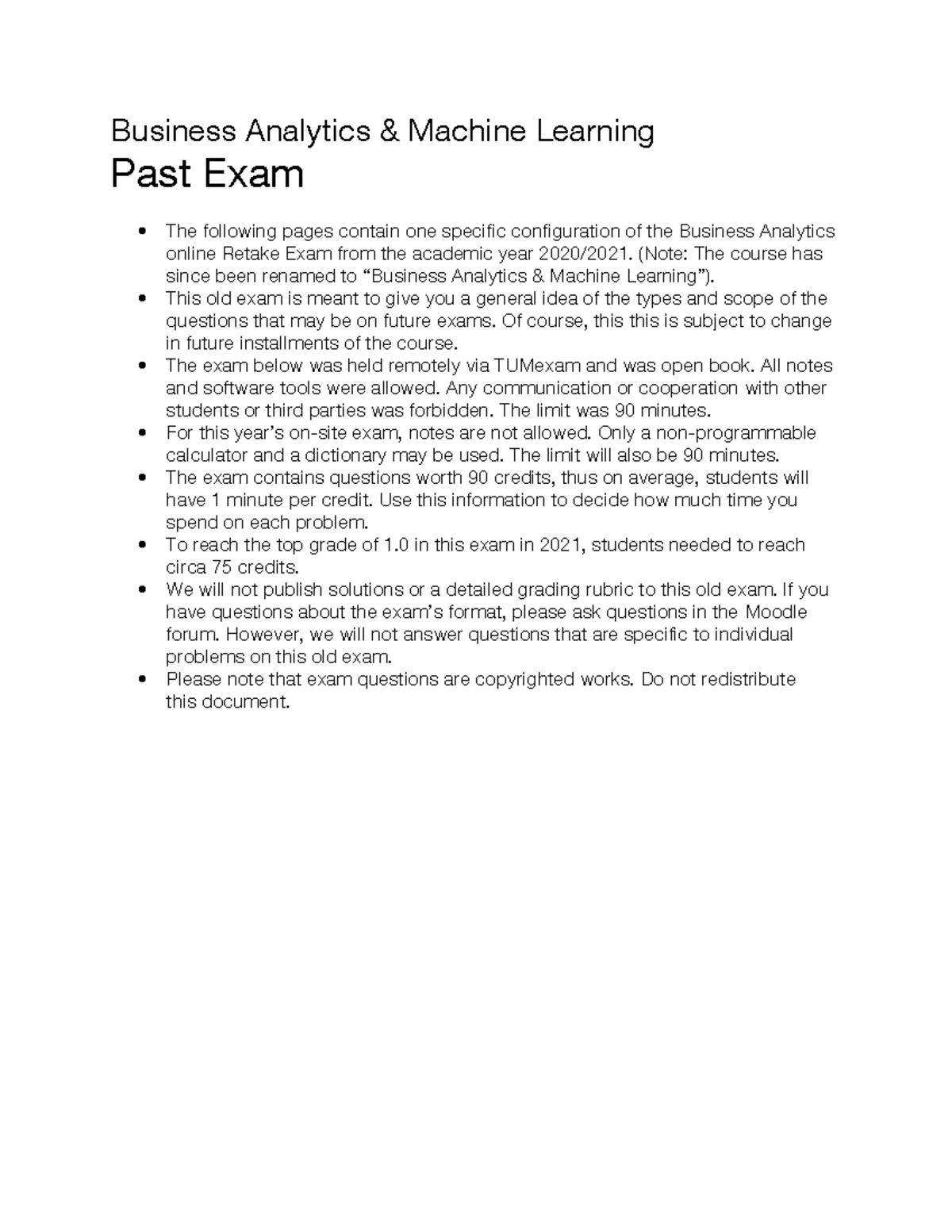 Final Exam 2021 Business Analytics And Machine Learning Past Exam • The Following Pages Contain