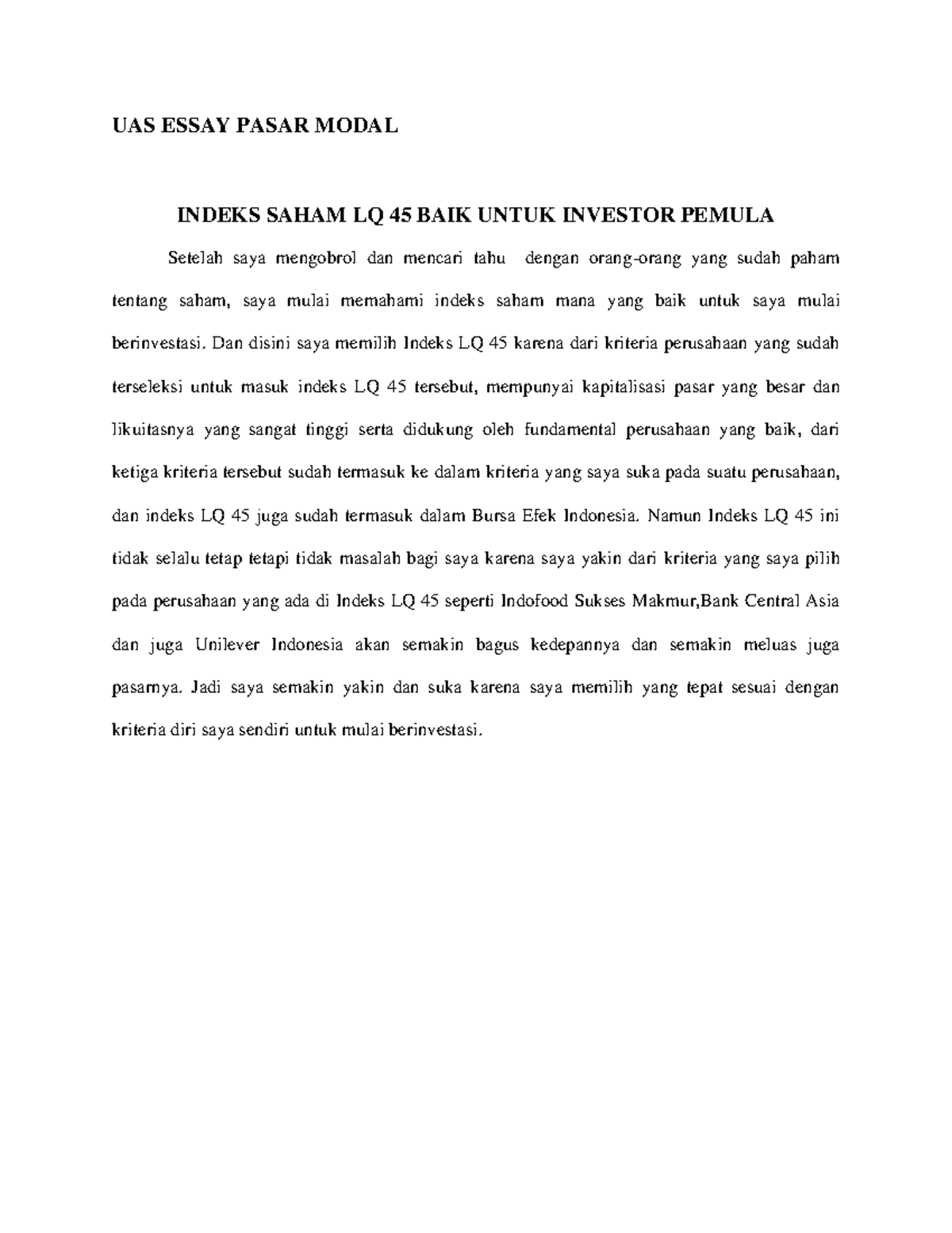 UAS Essay Pasar Modal - Tugas Analisa Fundamental dan Teknikal - UAS ESSAY PASAR MODAL INDEKS ...