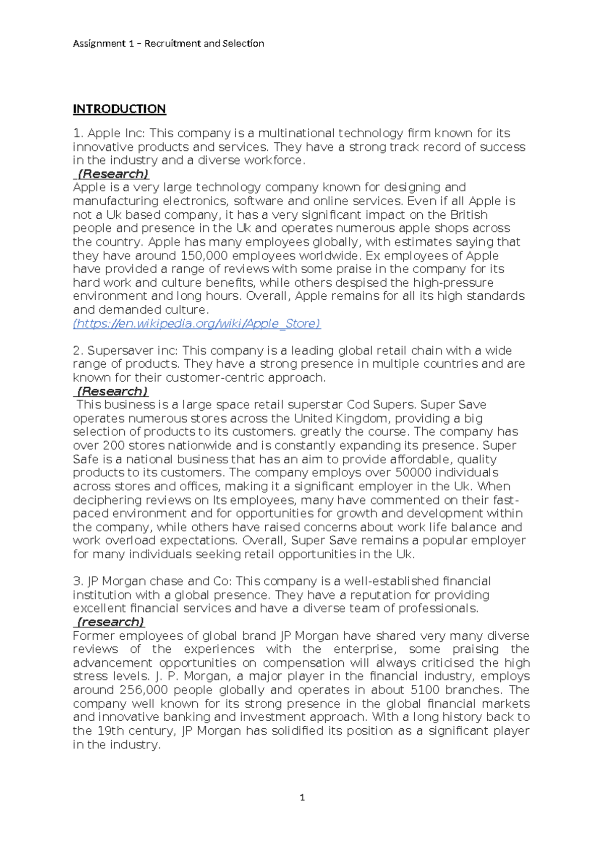 Unit 8 Assignment 1 - Recruitment and Selection Process part 1 ...