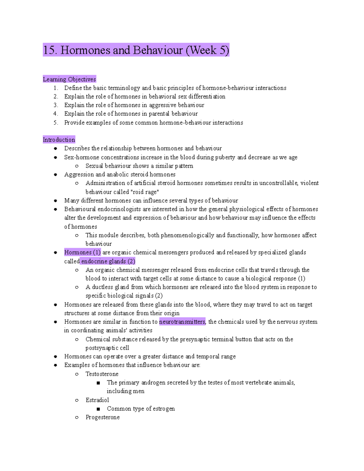 PSYC 100 - Hormones and Behaviour (Week 5) Reading Notes - 15. Hormones ...