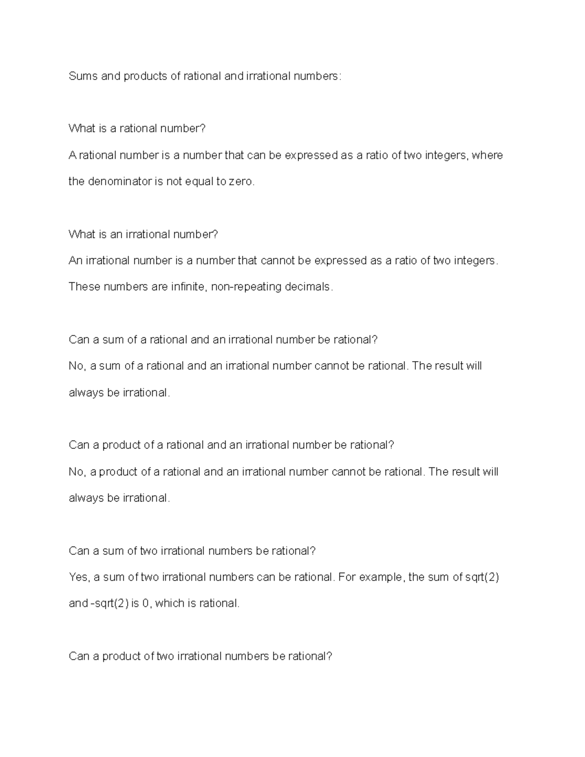 Sums and products of rational and irrational numbers - What is an ...