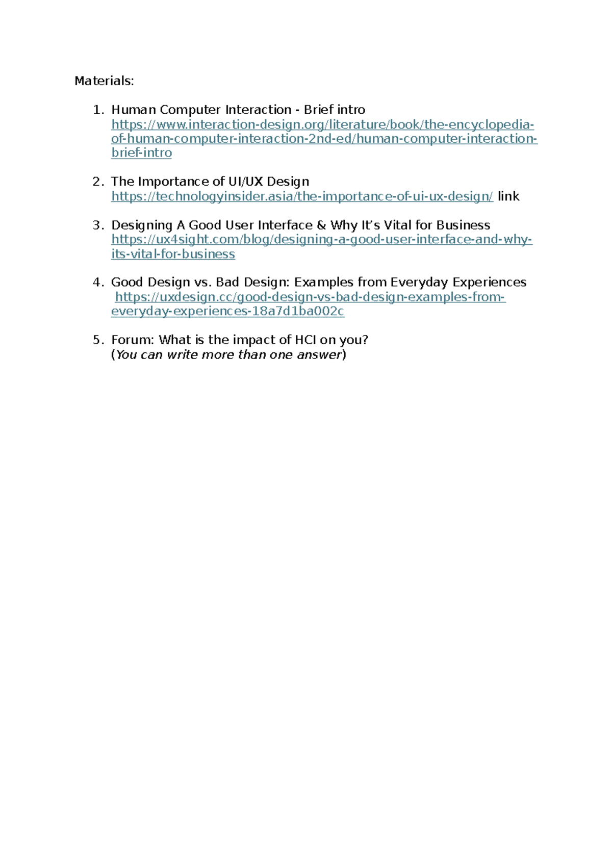 Materials - Links for lectures - Materials: 1. Human Computer Interaction - Brief intro - Studocu