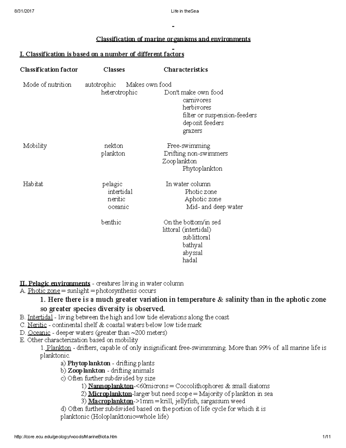 Life in the Sea - Life in the Sea - Life in theSea Classification of ...