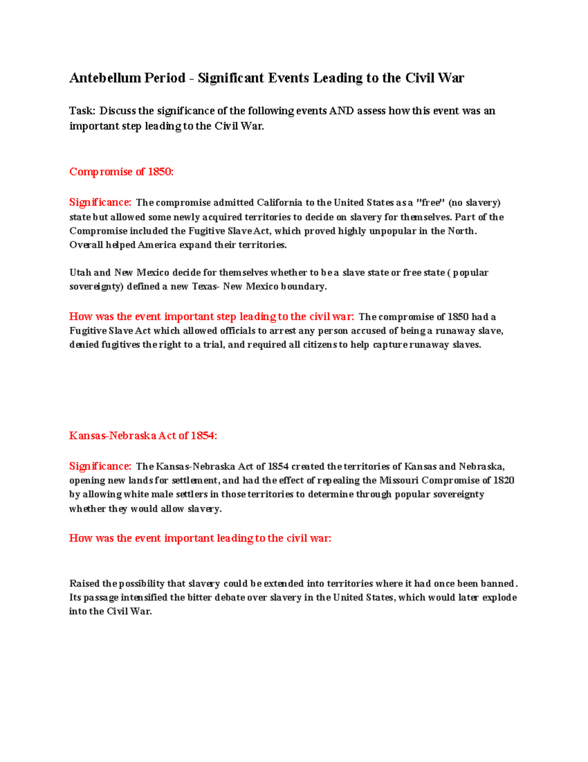 Antebellum Period - Significant Events Leading to the Civil War ...