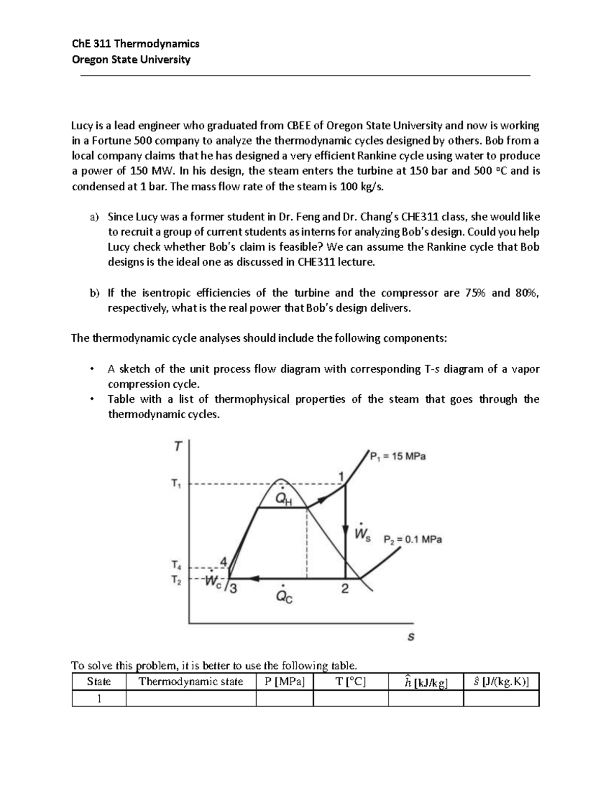2023 02 20 CHE311 Inclass Rankine Cycle solution - Oregon State University - Studocu