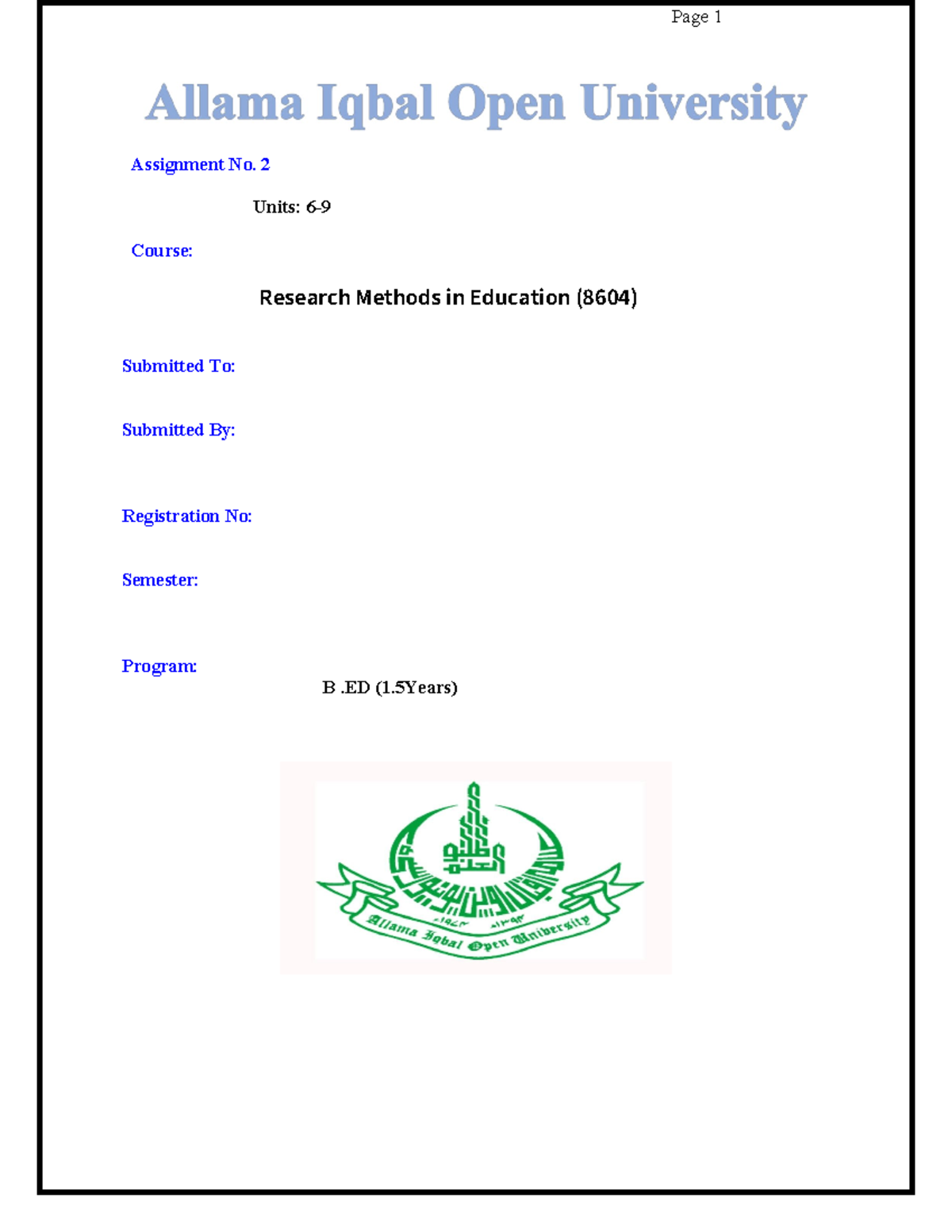8604 2 Assignment Of Aiou Assignment No 2 Units 6 Course