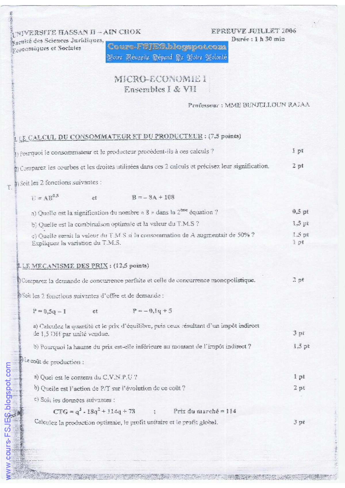 S1 exam microéconomie - Note de cours pour S1 - Microéconomie - Studocu