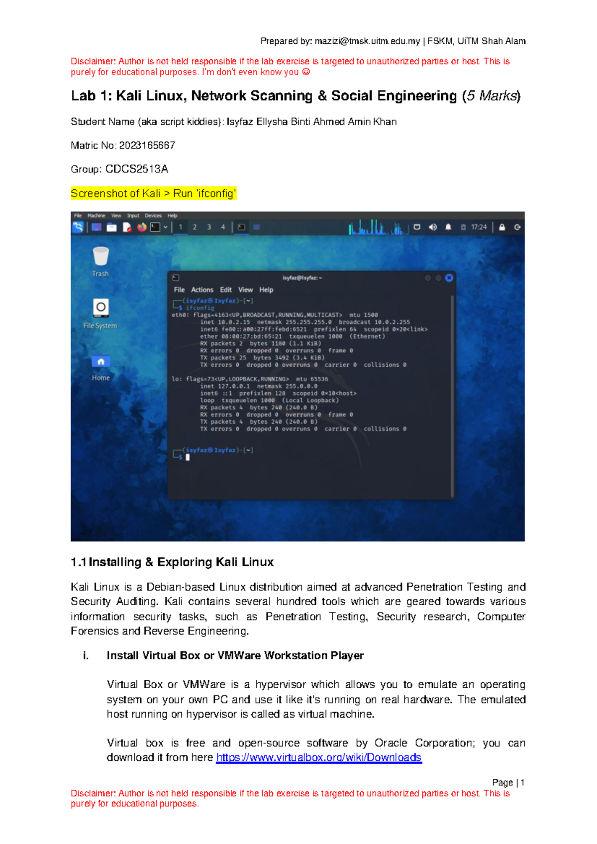 Lab 1 - Kali Linux, Network Scanning Social Engineering - Disclaimer ...