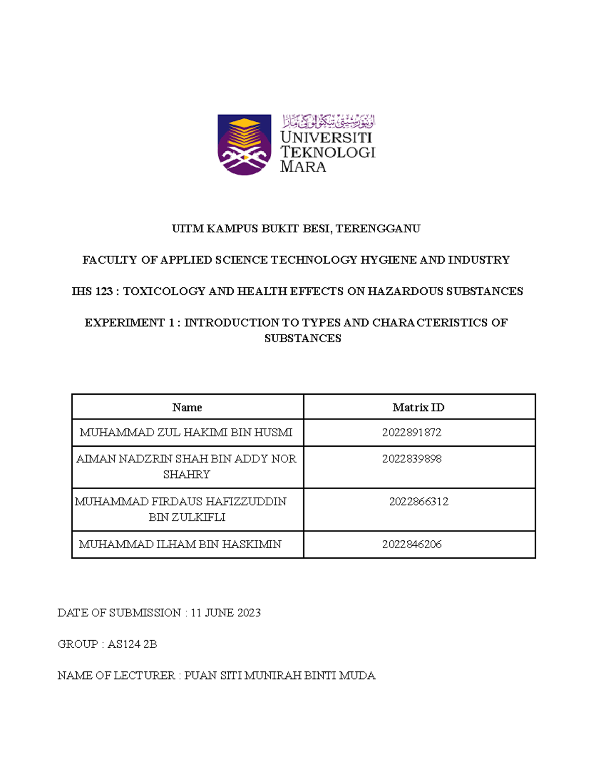 LAB Report IHS123 EXP 1 - note for as124 - UITM KAMPUS BUKIT BESI ...