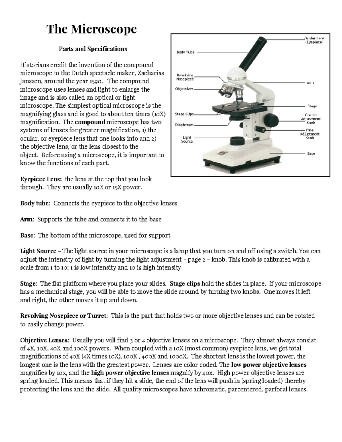 The Microscope Info Sheet - The Microscope Parts and Specifications ...