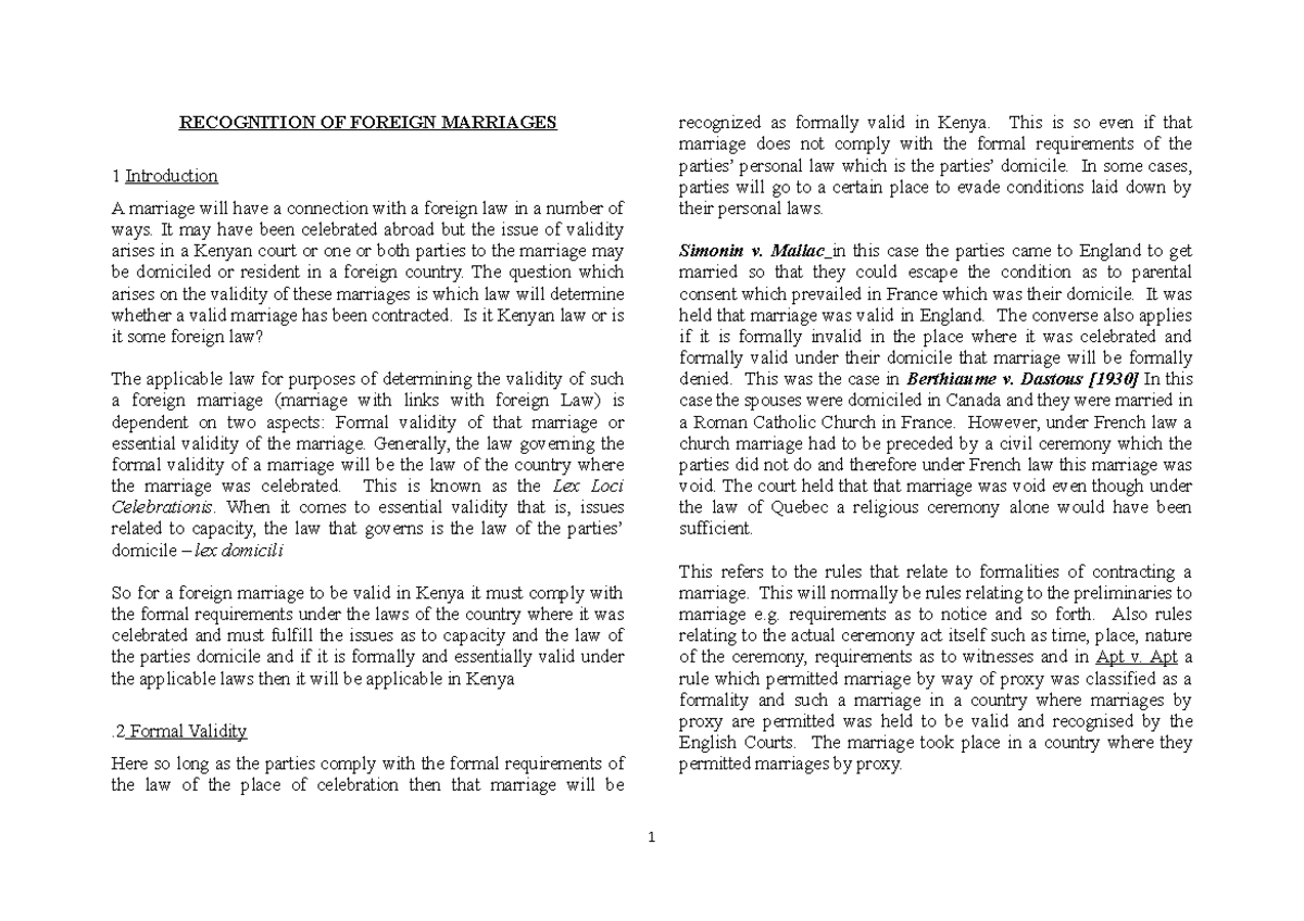 Recognition OF Foreign Marriages - RECOGNITION OF FOREIGN MARRIAGES 1 ...