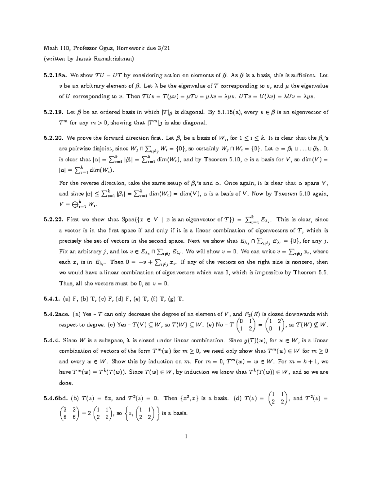 110HW10 - Arthur Ogus, Spring 2007 - Math 110, Professor Ogus, Homework ...