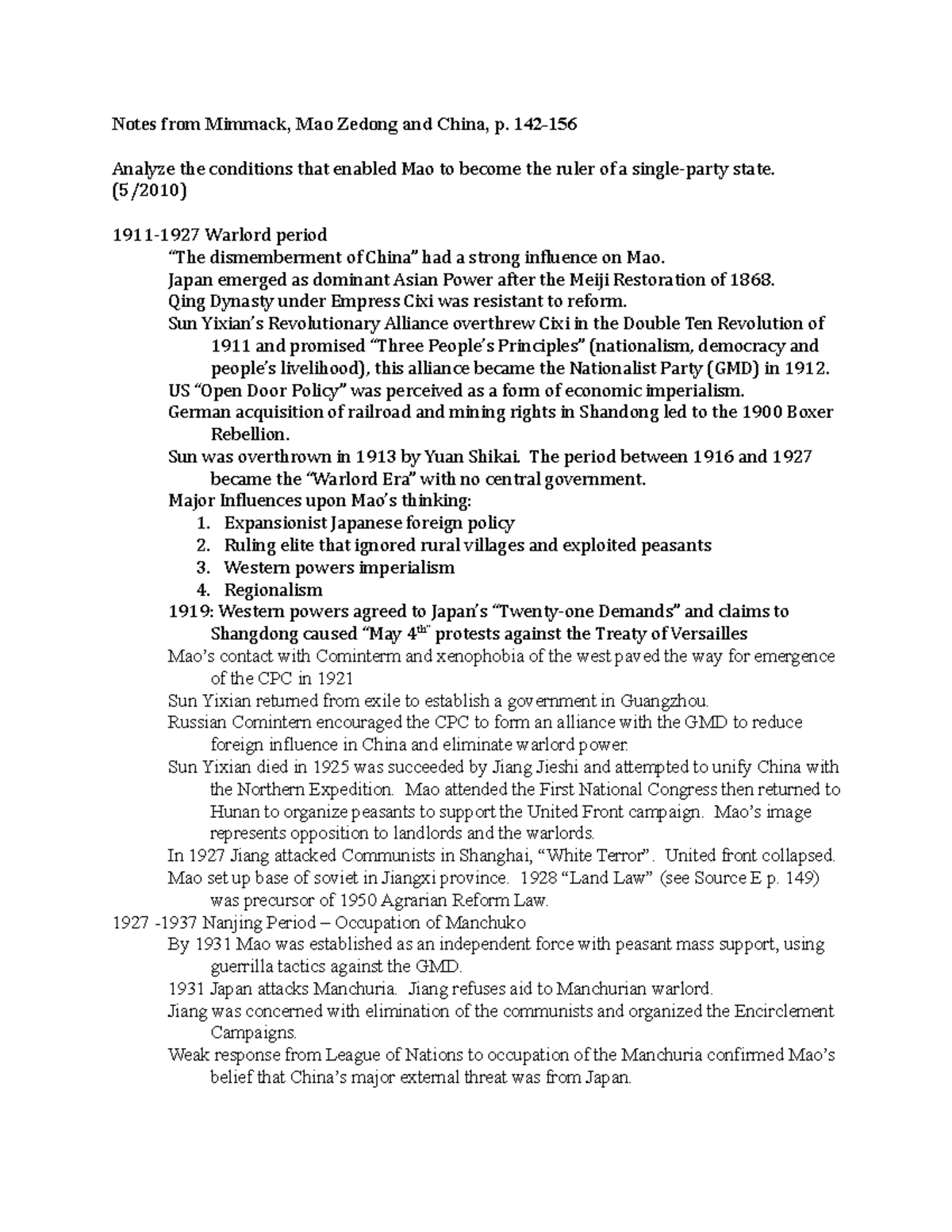 Mimmack Mao Notes - Notes from Mimmack, Mao Zedong and China, p. 142 ...