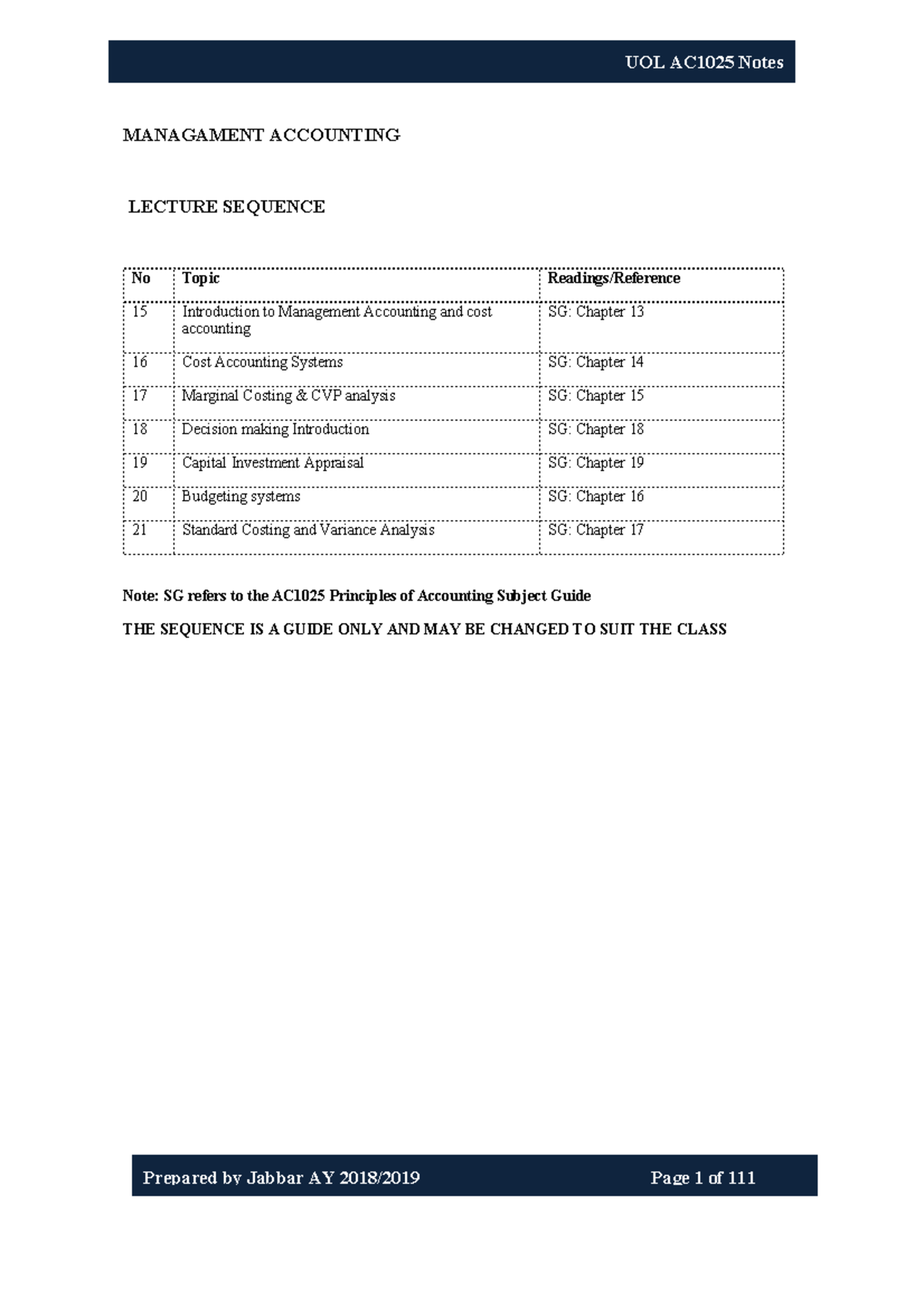 MA Notes - Worksheets - MANAGAMENT ACCOUNTING LECTURE SEQUENCE No Topic ...