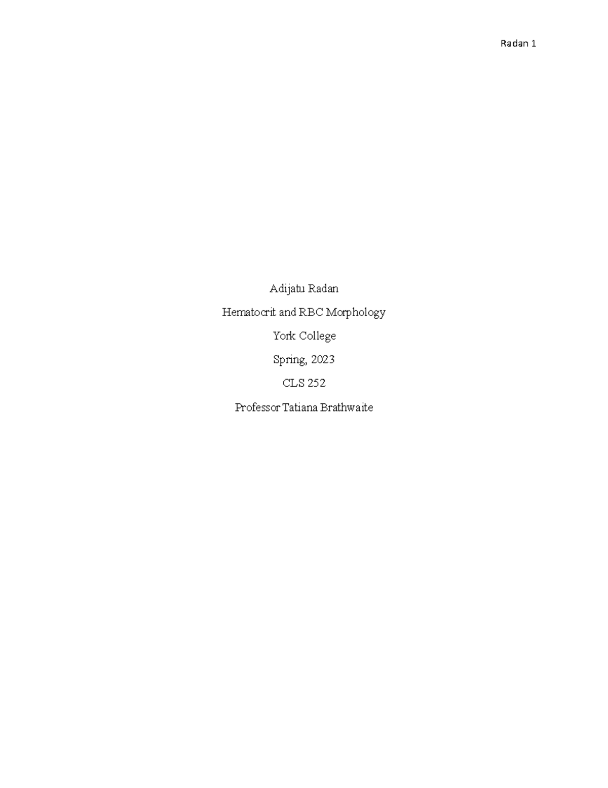Hematocrit-lab report - Adijatu Radan Hematocrit and RBC Morphology ...
