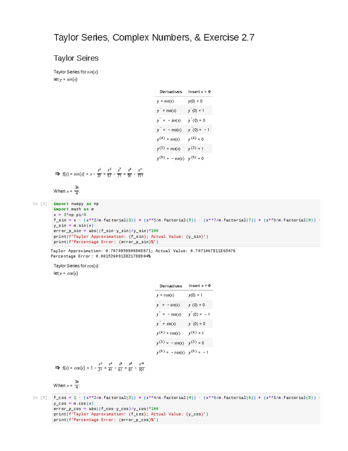 PH 295 - Taylor Series, Complex Numbers, & Exercise 2 - Taylor Series ...