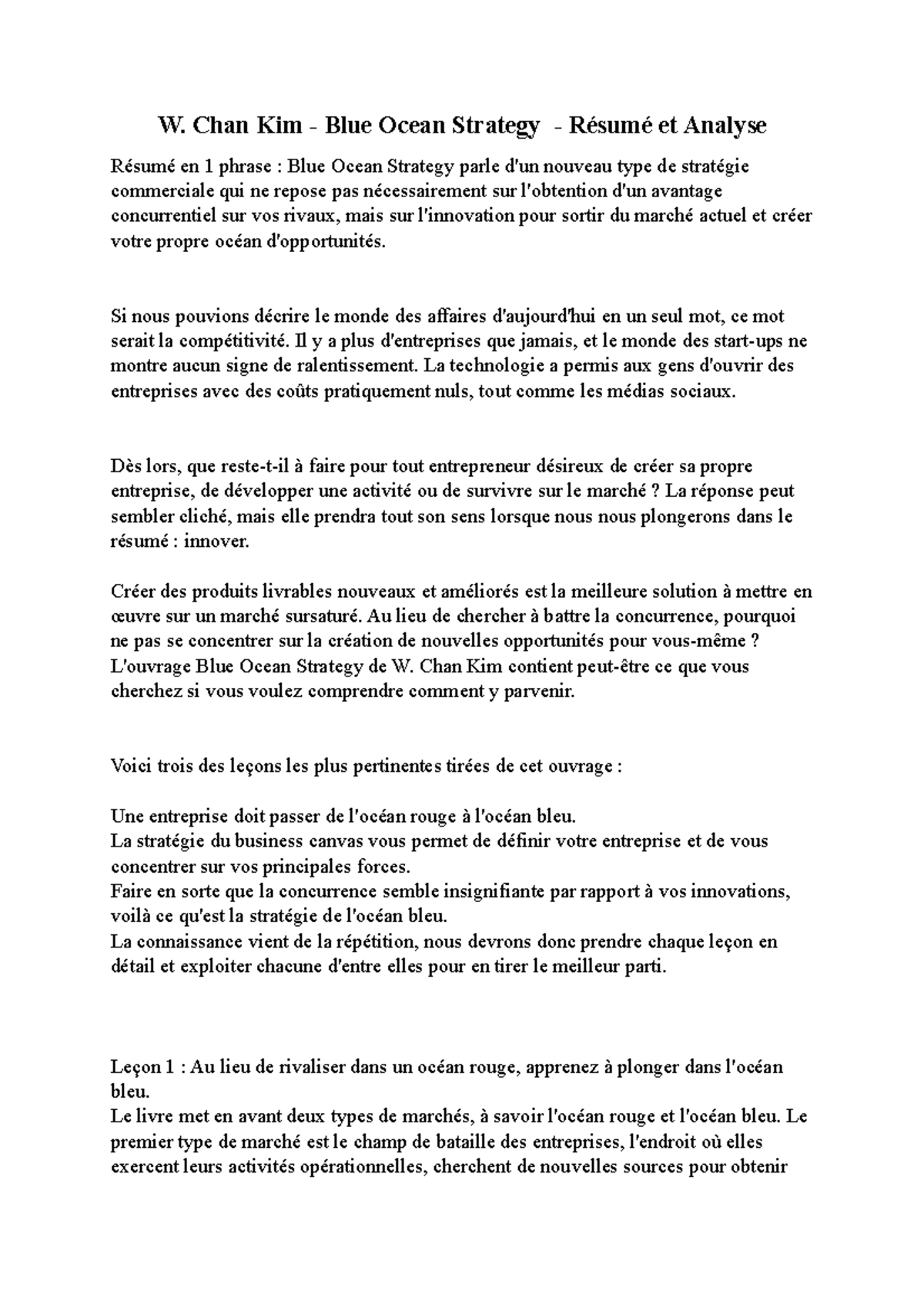 W. Chan Kim - Blue Ocean Strategy - Résumé et Analyse - W. Chan Kim ...