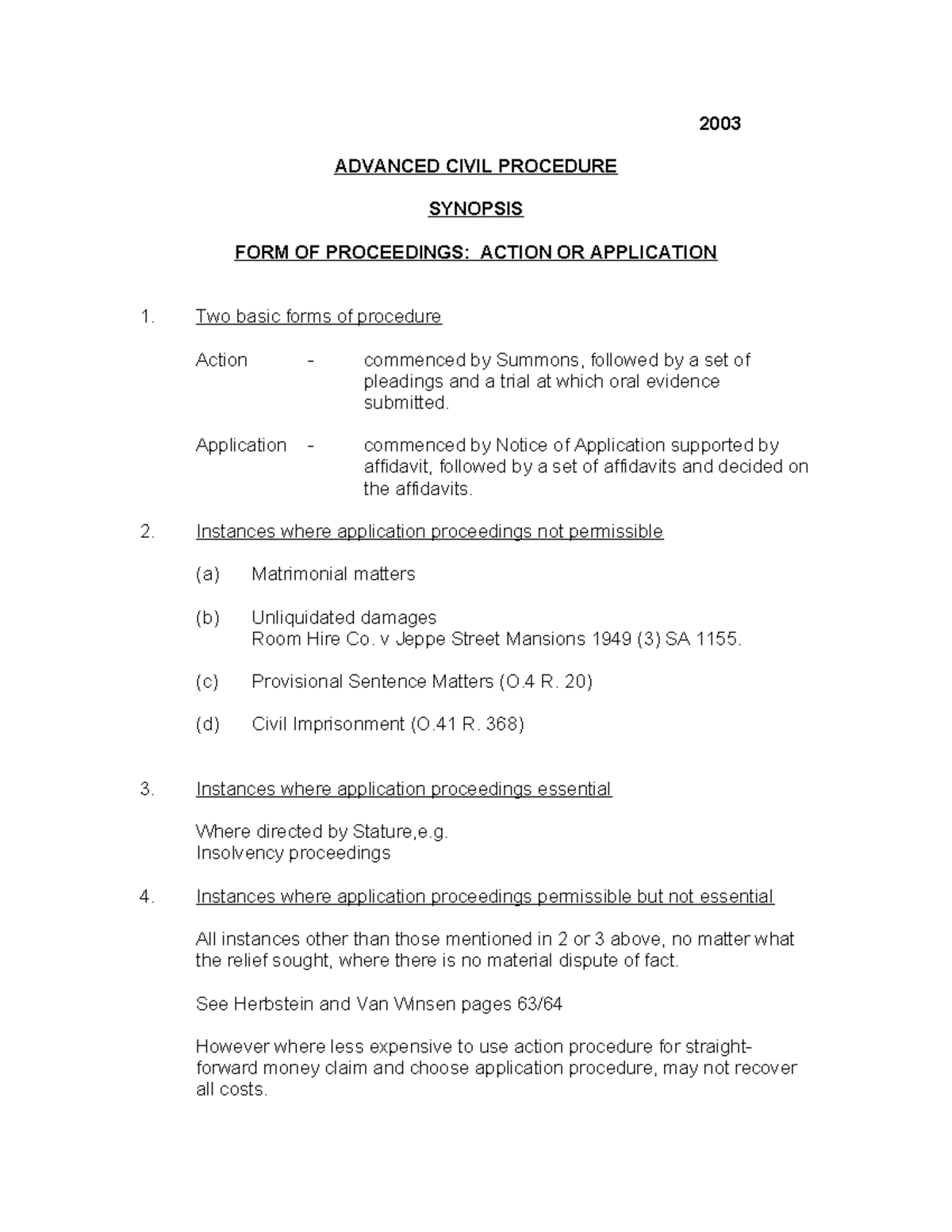 Synopsis-form of proceedings - 2003 ADVANCED CIVIL PROCEDURE SYNOPSIS ...