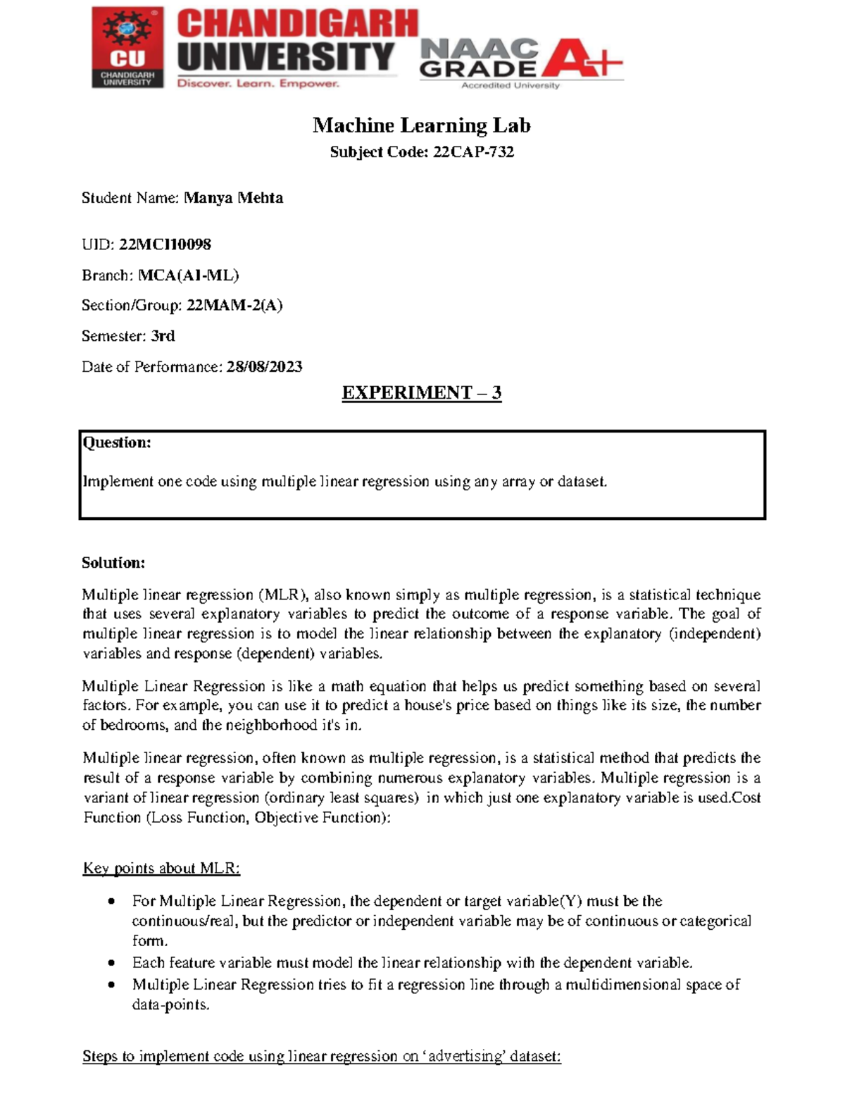 22MCI10098 Manya Mehta(Machine L-1 - Question: Implement one code using multiple linear ...