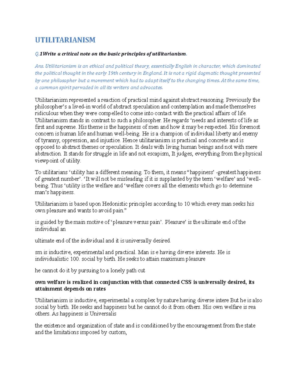 Utilitarianism ( Practice Questions) - UTILITARIANISM Q a critical note ...