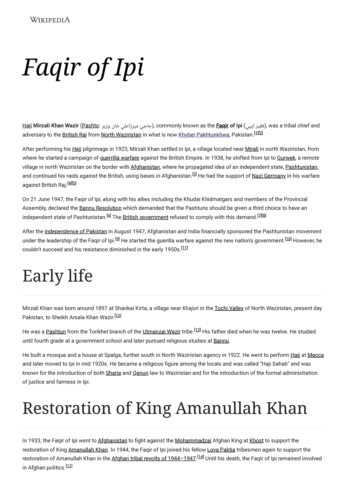 Faqir of Ipi- Pakhtun History - Faqir of Ipi Haji Mirzali Khan Wazir (Pashto: ریوز ناخ يلعزاریم ...