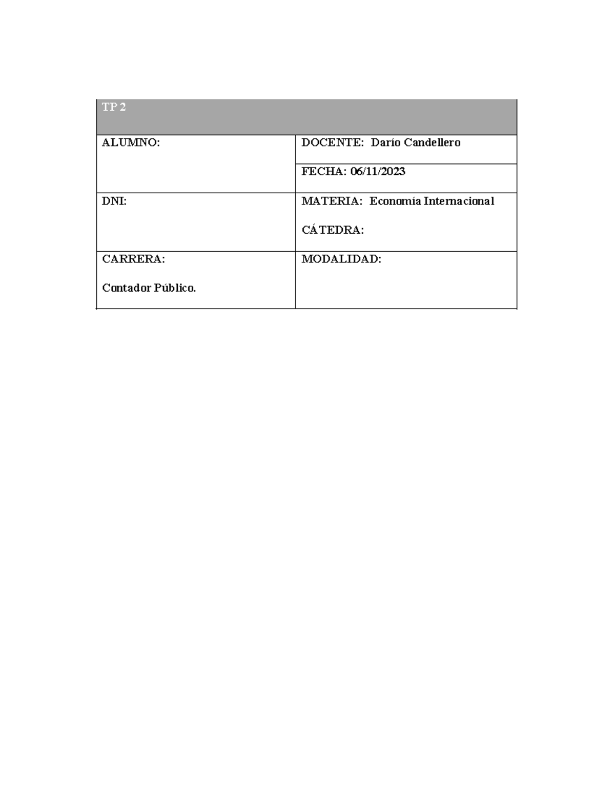 Trabajo Practico N°2 Economia Internacional - TP 2 ALUMNO: DOCENTE ...